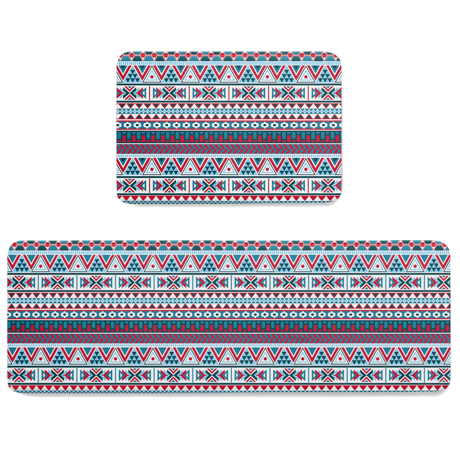 Native American Kitchen Rugs Set 2 Piece 15.7x23.6in+15.7x47.2in, Non-Slip Kitchen Mats Set Rubber Backing Indoor Entry Door Mat Carpets - Geometric Triangle Aztec Tribal Ethnic Style