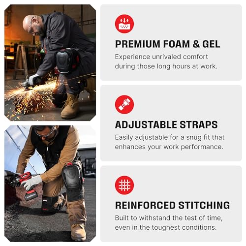 NoCry Professional Gel Knee Pads for Work β Heavy Duty Anti-Slip Cap, Extra Dual-Layer Foam and Cushion, Reinforced Adjustable Non-Slip Straps, Built-in Hangand Pull Loops, Fits Men Women, Black