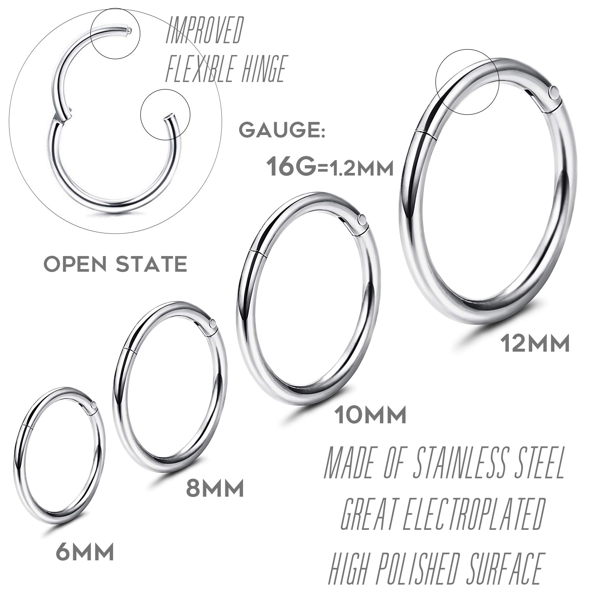 Jstyle 8Pcs 16G Surgical Steel Hinged Clicker Segment Nose Rings Hoop Helix Cartilage Daith Tragus Sleeper Earrings Body Piercing 6-12MM Improved SR