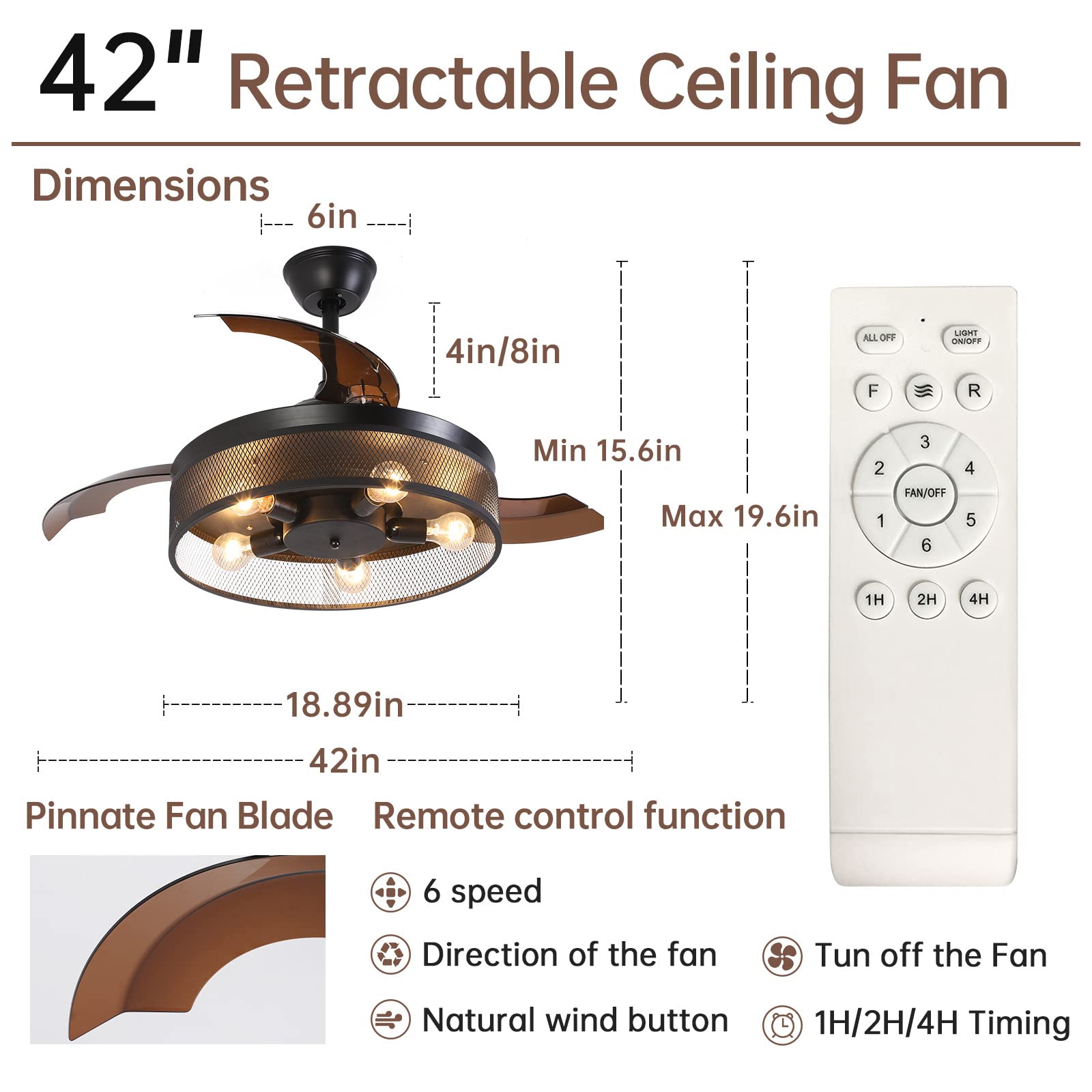 LINJO 42" Retractable Ceiling Fan with Light Black Noiseless Industrial Ceiling Fan with Remote Control 6 Wind Speeds for Living Room Bedroom Kitchen [Easy Installation] [3 Colors 5 E26 Led Bulb]