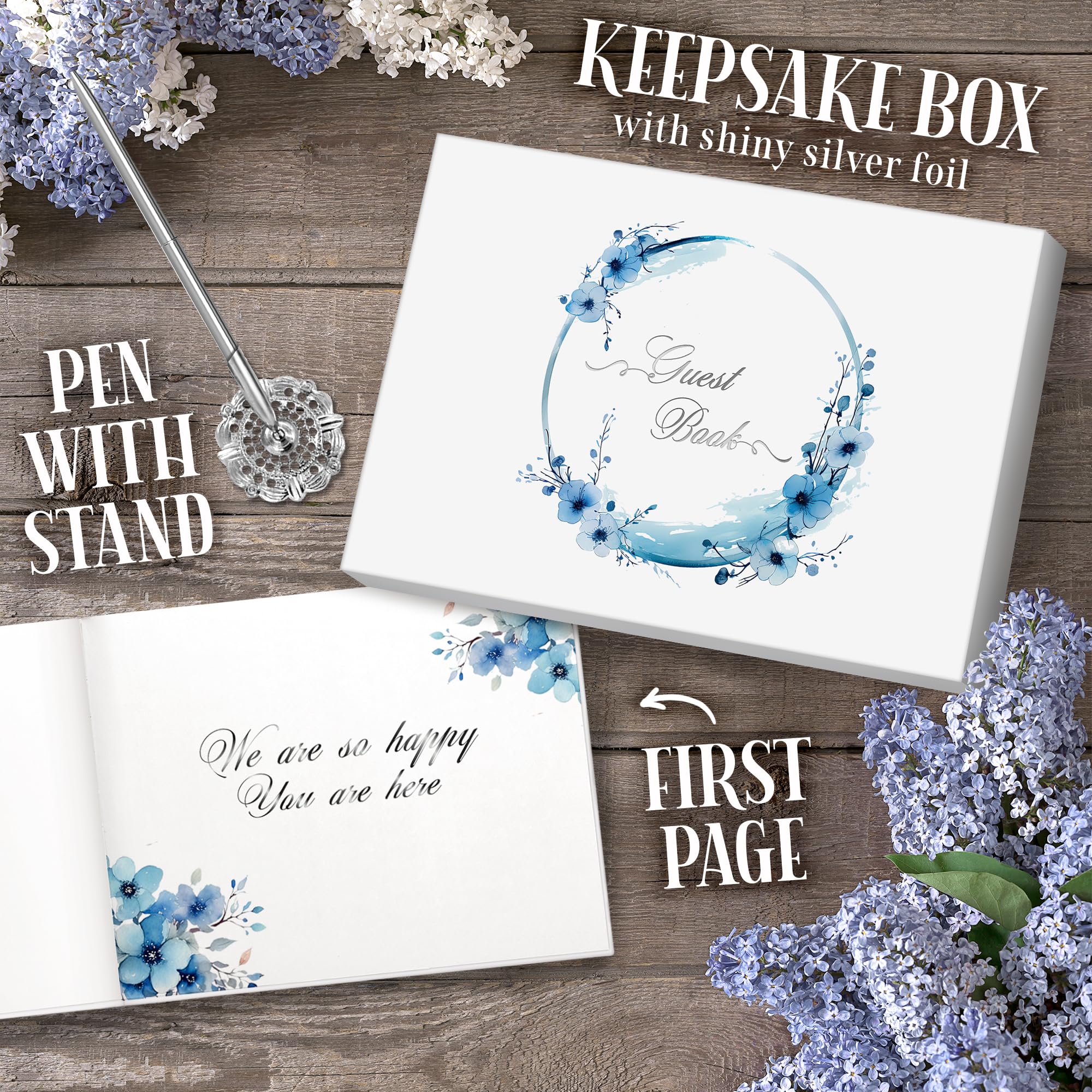 Wedding Guest Book Set includes 3 items , Wedding with a Metal Silver Pen , Guest Book With a Hardcover , Guest Book Wedding Reception Has 110 White Pages , Blank Book is White with Silver Details.