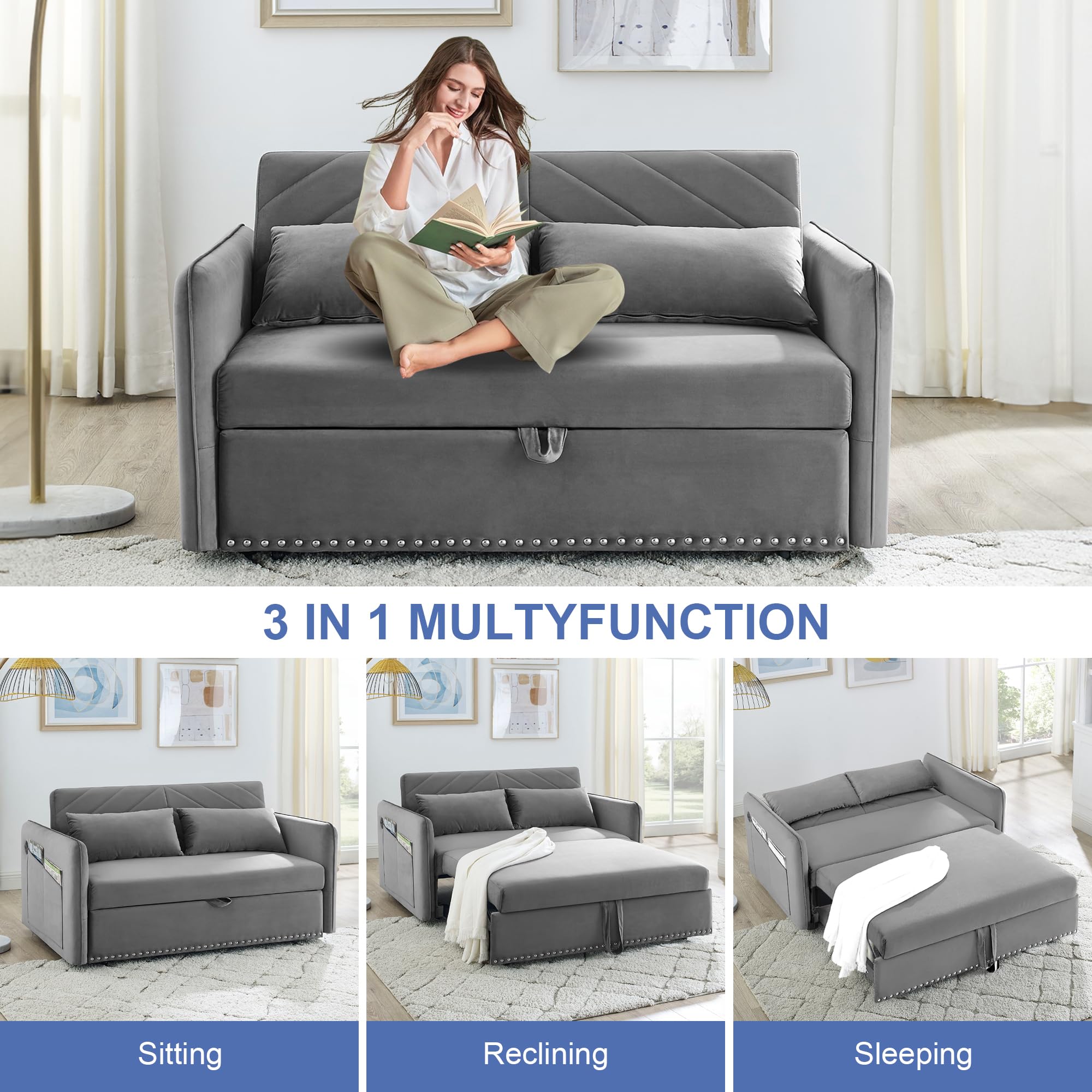 SumKea Loveseat Sleeper Sofa Beds, Pull Out Couch, 55'' Velvet 3 in 1 Sofa Cama Adjustable Back with 2 Pillows & Side Pocket, Ideal for Living Room and Bedroom, Grey