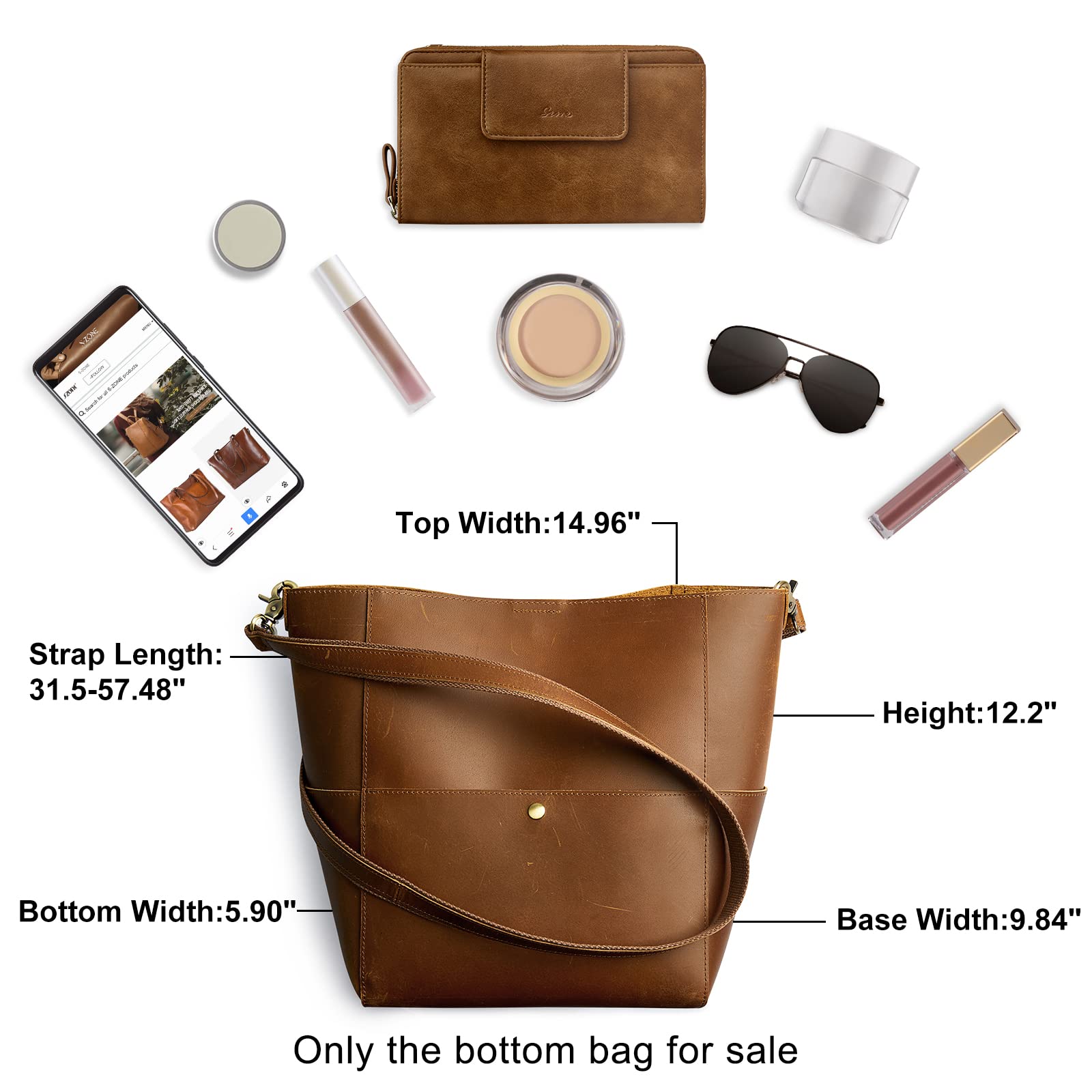 S-ZONE Women Genuine Leather Tote Bag Shoulder Handbag Bundle with Bucket Crossbody Purse
