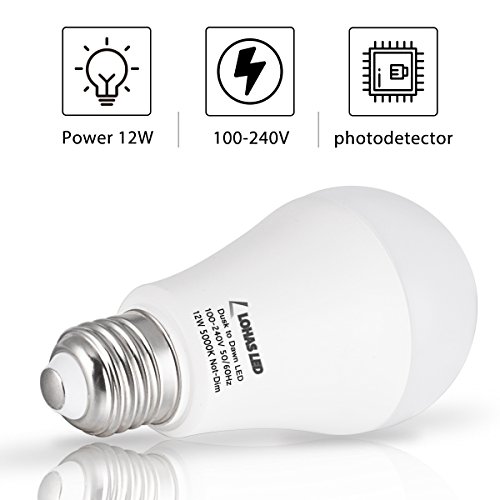 LOHAS Dusk to Dawn LED Outdoor Lighting, 12W(100Watt Equivalent) Smart Sensor Light Bulbs Daylight 5000K, A19 LED Bulb E26 Automatic On/Off Security Yard Lights, Perfect for Porch Garage Patio, 2 Pack