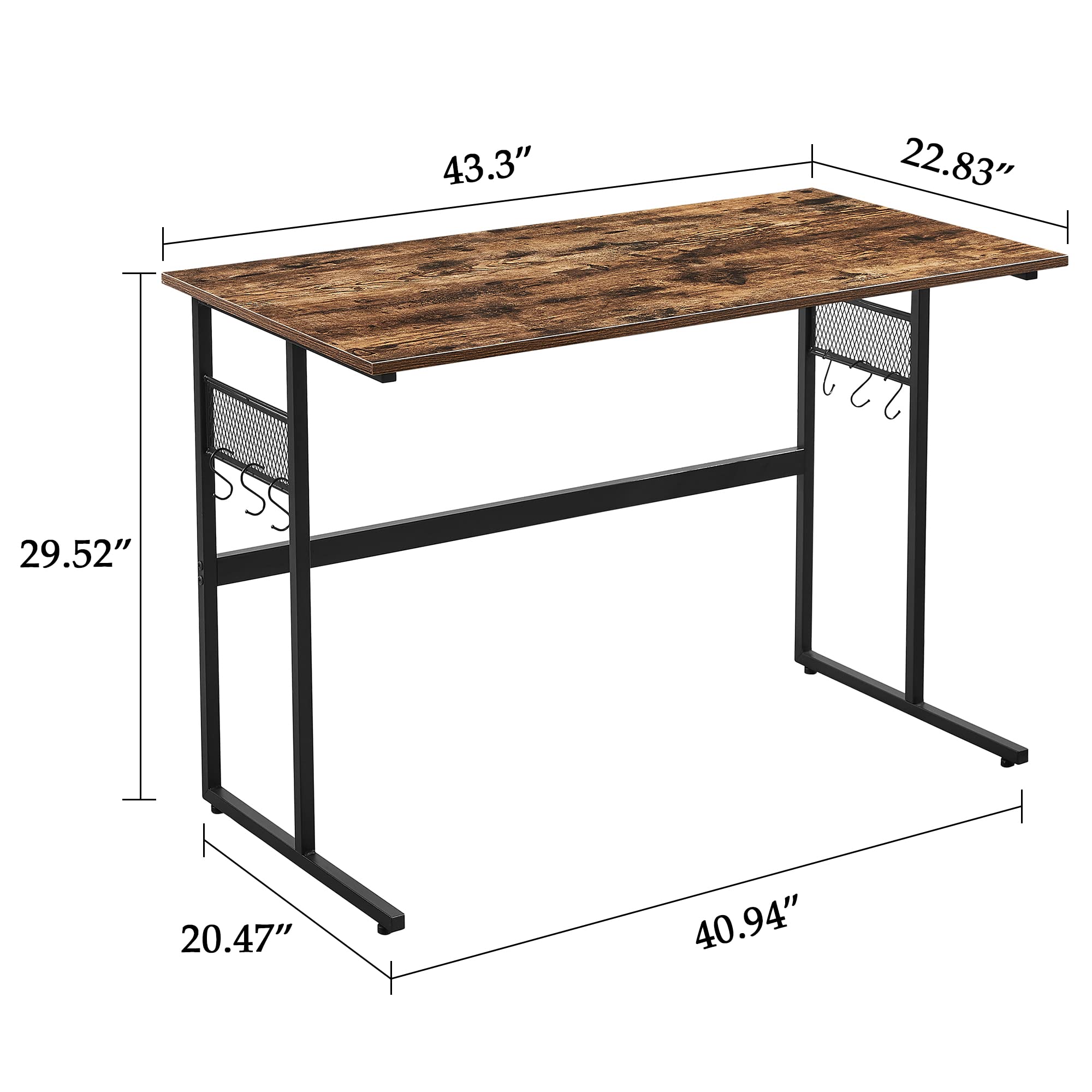 VECELO 32 Inch Small Computer Sturdy Laptop Industrial Desk Office Work, Modern Simple Study Table with Headphone Hook, Adjustable Feet and Water Proof Surface, 44", Brown