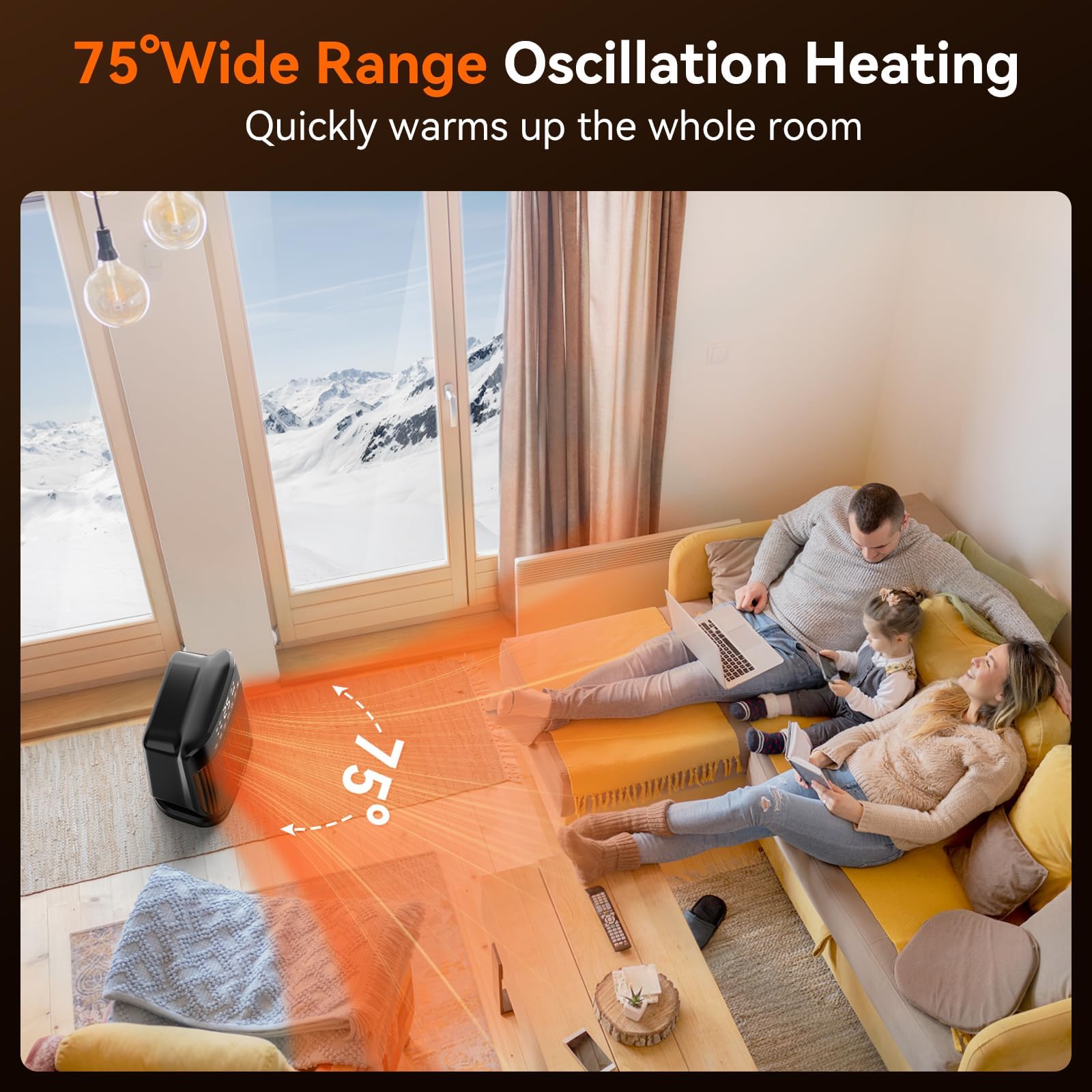 YASHE Space Heater, 1500W Portable Electric Heater for Indoor Use with Thermostat, 75° Oscillation, Digital Display, Remote Control, 24H Timer, ECO Mode, Fast Ceramic Heating for Home, Office, Bedroom