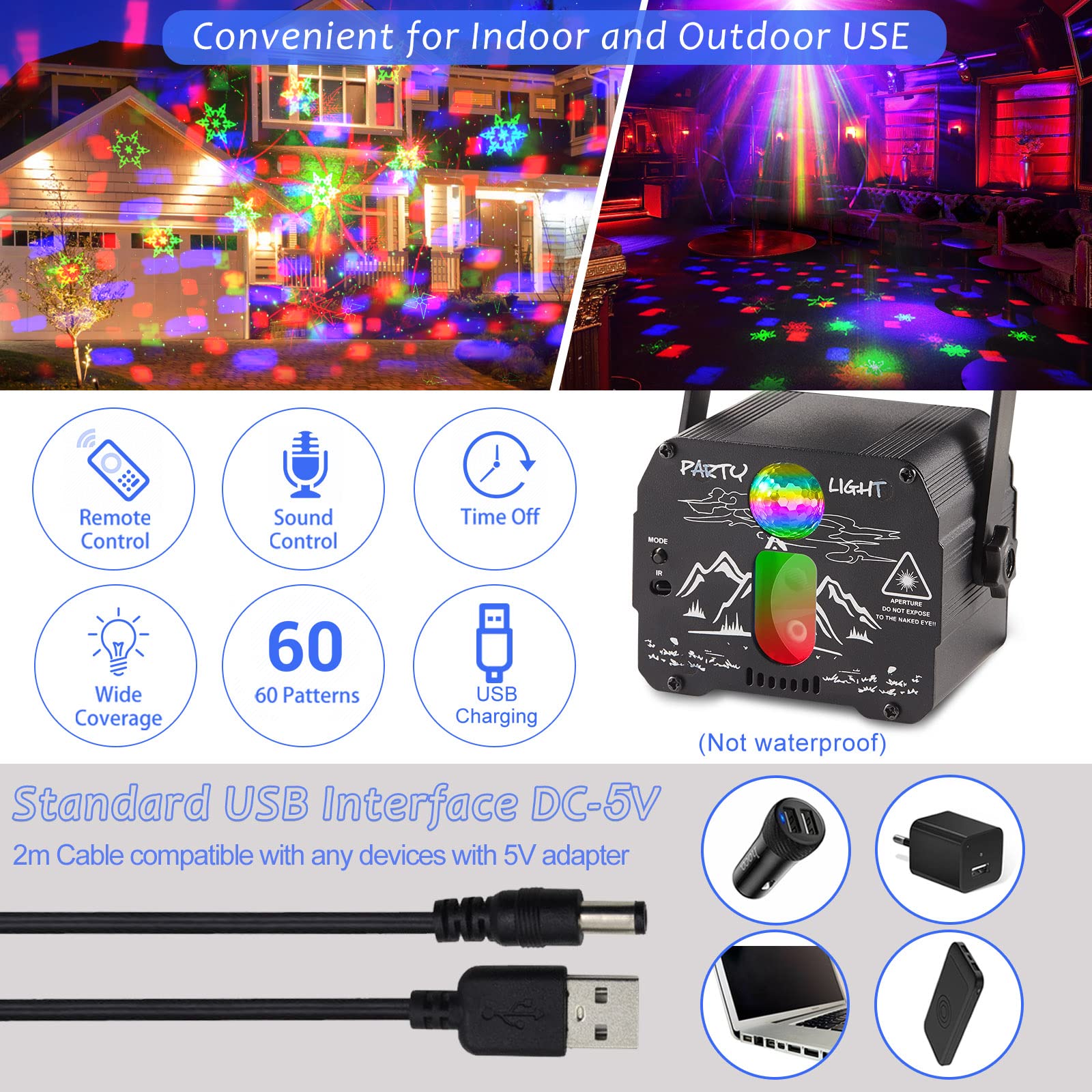 Party Light DJ Disco Lights Sound Activated Mini Laser Light with Remote Control USB Charrging for Indoor Parties Disco Stage Show Hoilday Christmas