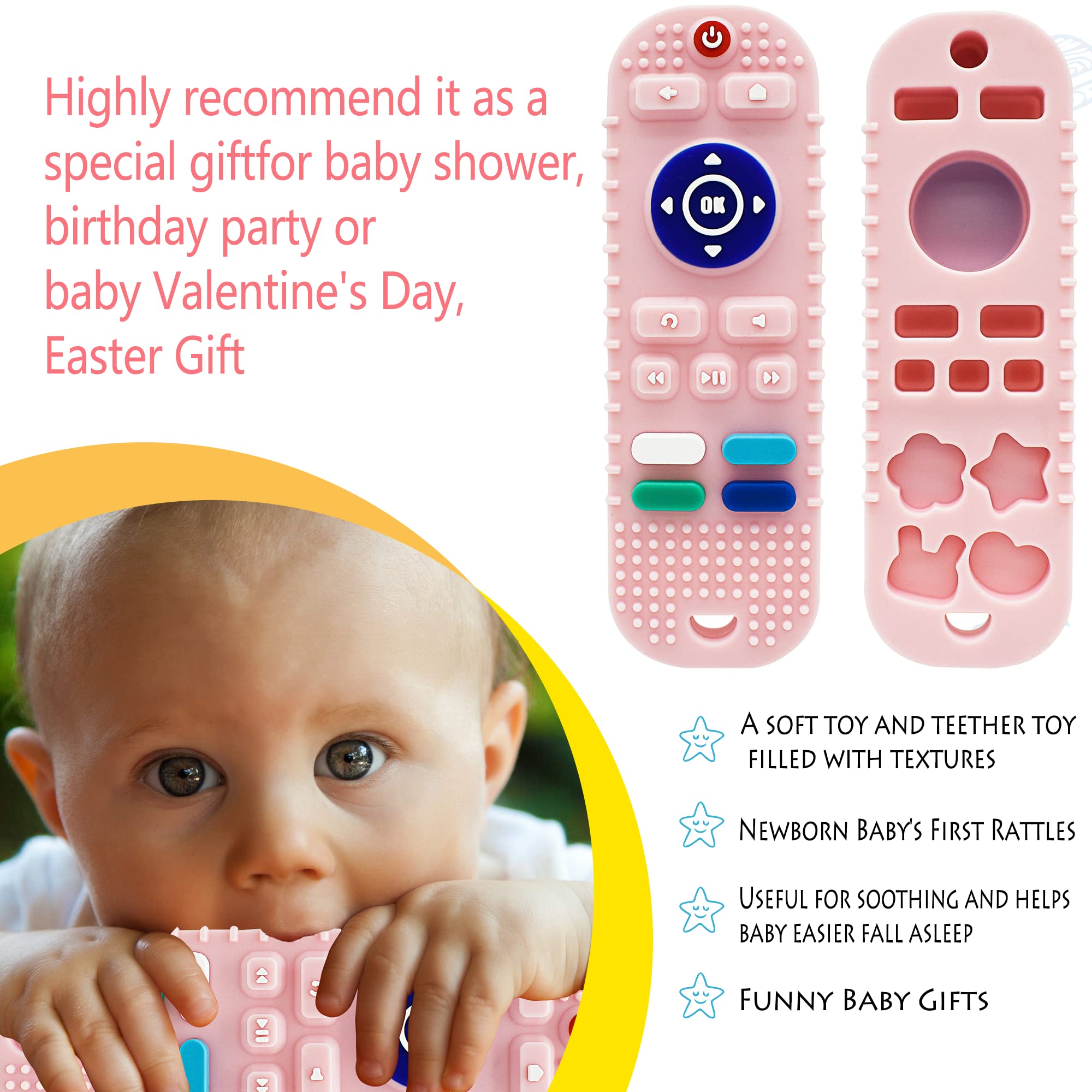 Remote Control Teether Toy for Babies 6 to 12 Months,Baby Teething Toys Tv Remote Shape with Pacifier Clip(Pink)