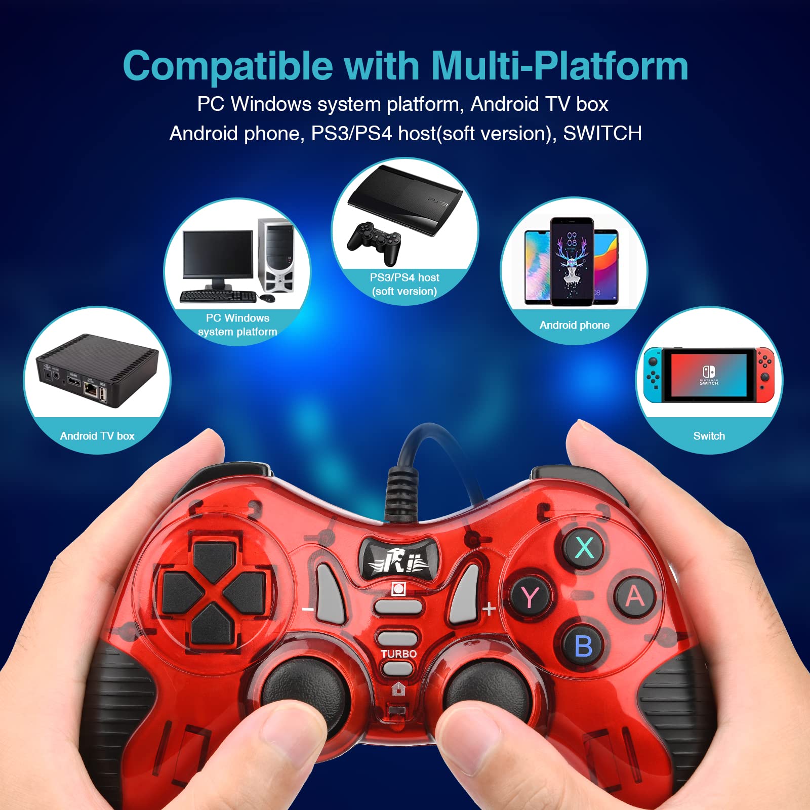 Rii Wired Gaming Controller,Multi-Platform Joystick Controller with Dual-Vibration/Turbo,Compatible for Windows PC/PS3/Android/Steam(Red)
