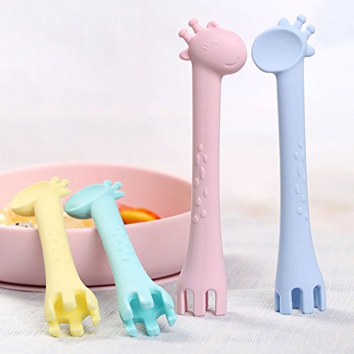 Just4Tots by MAD 3 in 1 Giraffe Silicone Safety Feeding Spoon, Fork, and Teether | Self-Soothing Giraffe Teether for Babies, Infants, Toddlers, Girls or Boys | BPA Free | 0-36 Months (Pastel Blue)