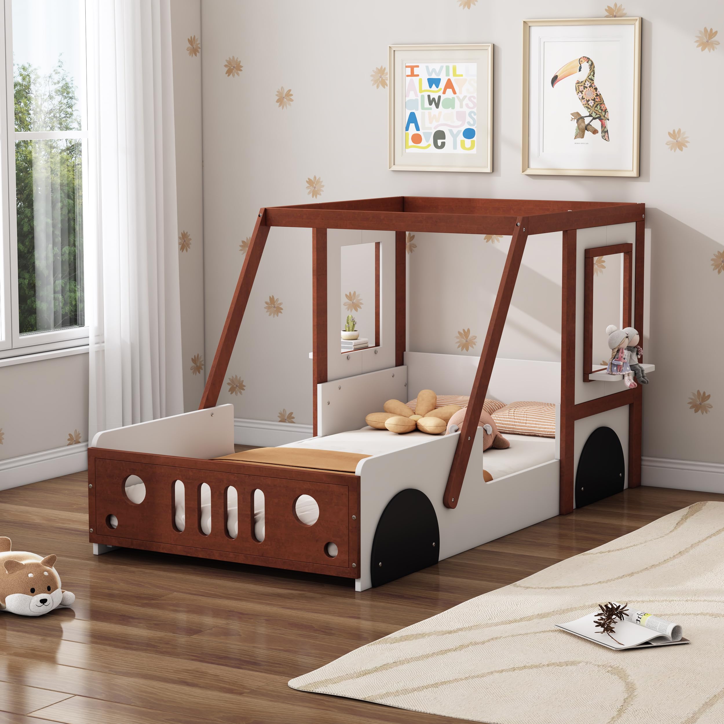 Twin Size Floor Car Shaped Bed Frames with 2 Windows and 4 Wheels for Kids Boys Girls Teens, Fun Play Design Toddler Bedframe w/ Safety Guardrails, No Box Spring Required, Gifts, Bedroom, White+Orange