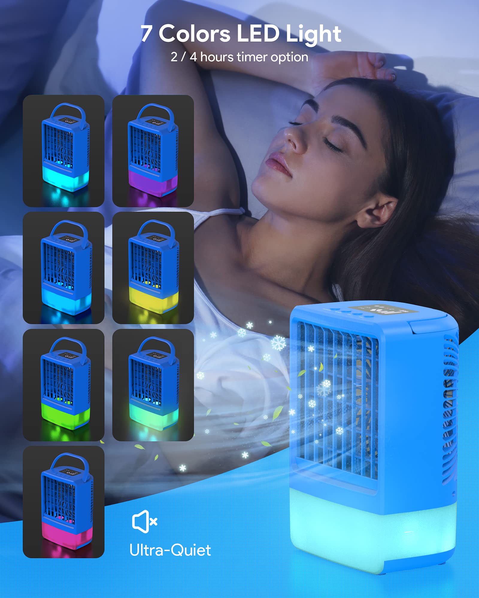 Portable Air Conditioner, Evaporative Air Cooler in 3 Speed Personal Mini Air Conditioner with LED Light, Evaporative Cooler for Home Bedroom Office Desk