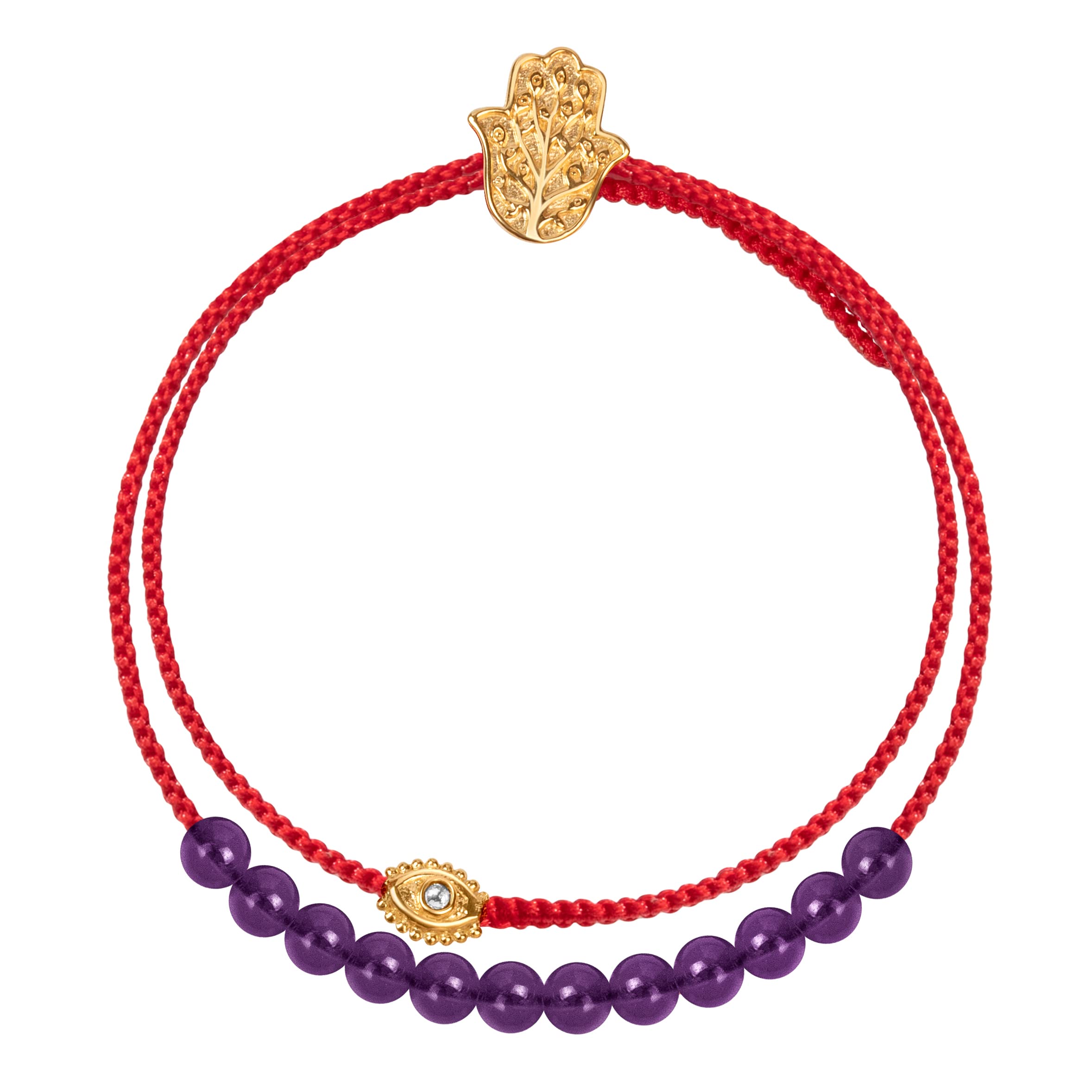 KARMA AND LUCK - Peace of Spirit - Women's Real Amethyst Evil Eye Charm Red String Adjustable Drawstring Closure Wrap Bracelet with Hamsa Amulet Handmade in Bali