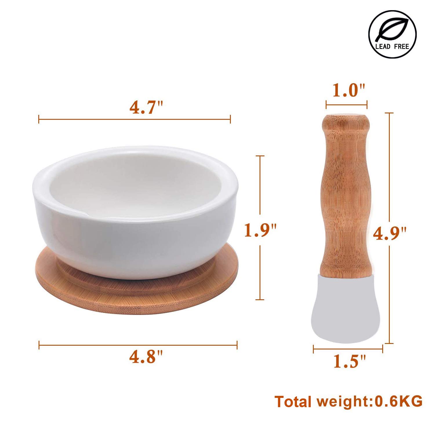 Porcelain Mortar and Pestle Set – Pill Crusher, Spice Grinder, Herb Bowl, Pesto Powder – Molcajete for Salt - Plus Lid/Non-Slip Base