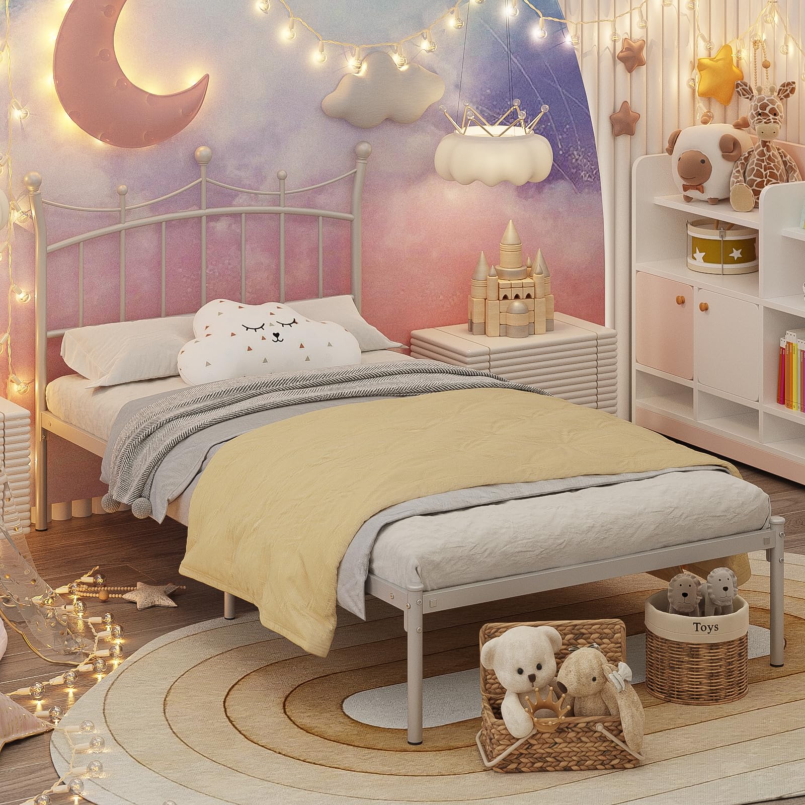 Weehom Twin Bed Frames with Headboard, Elegant Princess Bed for Girls Heavy Duty Metal Platform Bed Easy Assembly Under Bed Storage Space No Box Spring Needed Twin Size Bed for Kids Adults, White