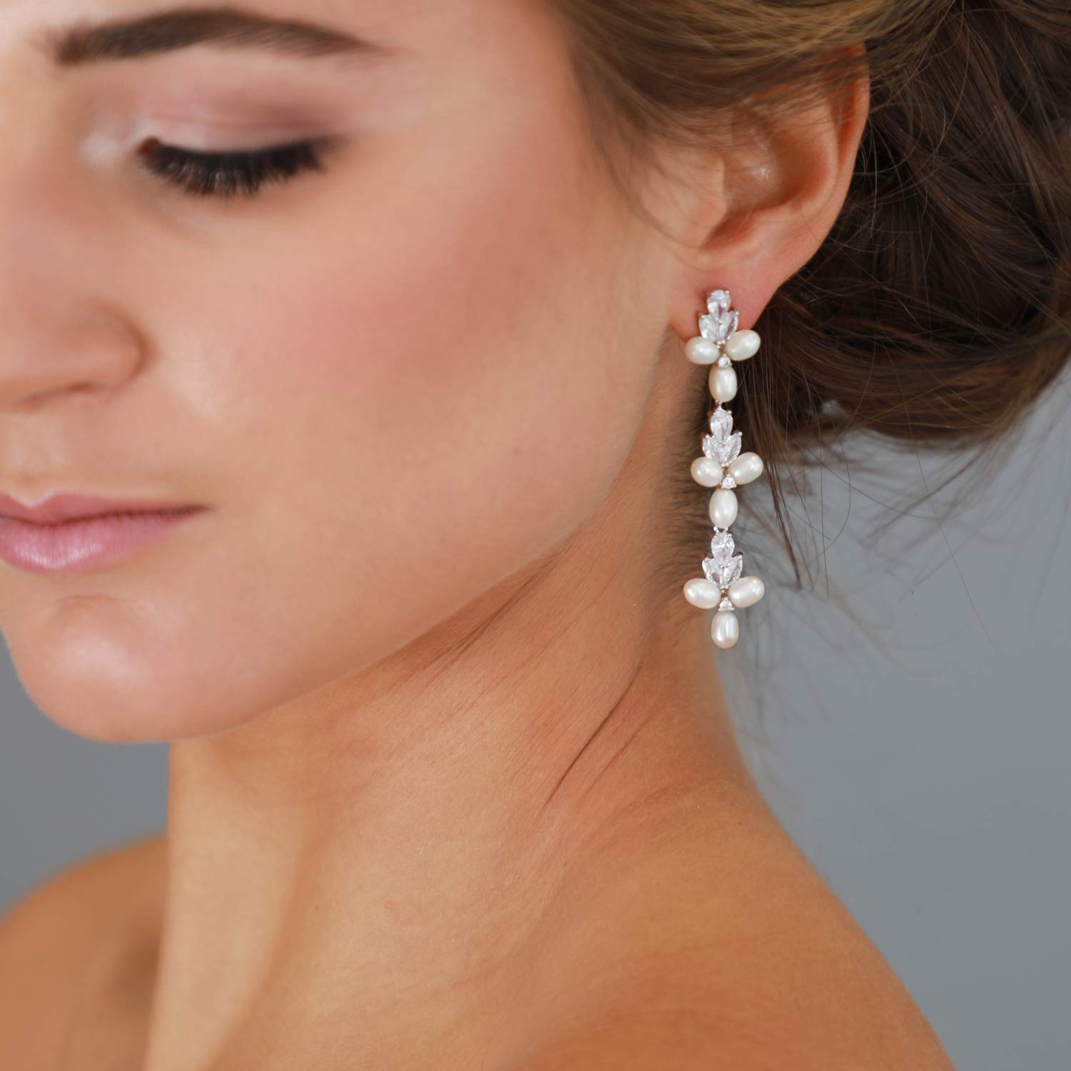 Mariell Freshwater Pearl Dangle Bridal and Wedding Earring with Cubic Zirconia Crystal, Prom Jewelry Gift
