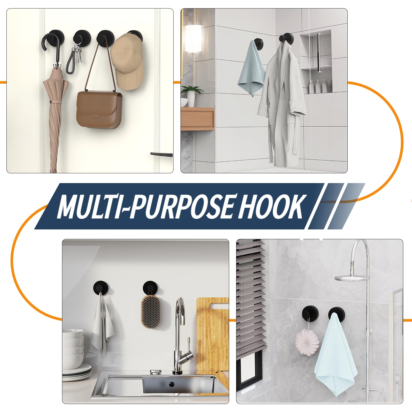 Ycxz Suction Cup Hooks for Shower,12LB Heavy Duty No-Drill Stainless Steel Shower Hooks for Inside Shower,Suction Hooks for Shower Wall,Bathroom,Kitchen,Glass Door,Tile,Mirror (Matte Black, 2 Pack)