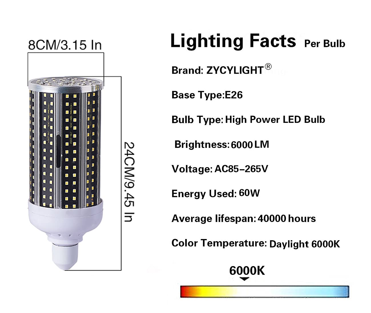 LED Corn Bulb,60 Watt (400W Equivalent),5500 Lumen,6000K- 6500K,Cool Daylight LED Street and Area Light,E26/E27 Medium Base, Not-Dimmable for Garage Warehouse High Bay Barn Backyard and More