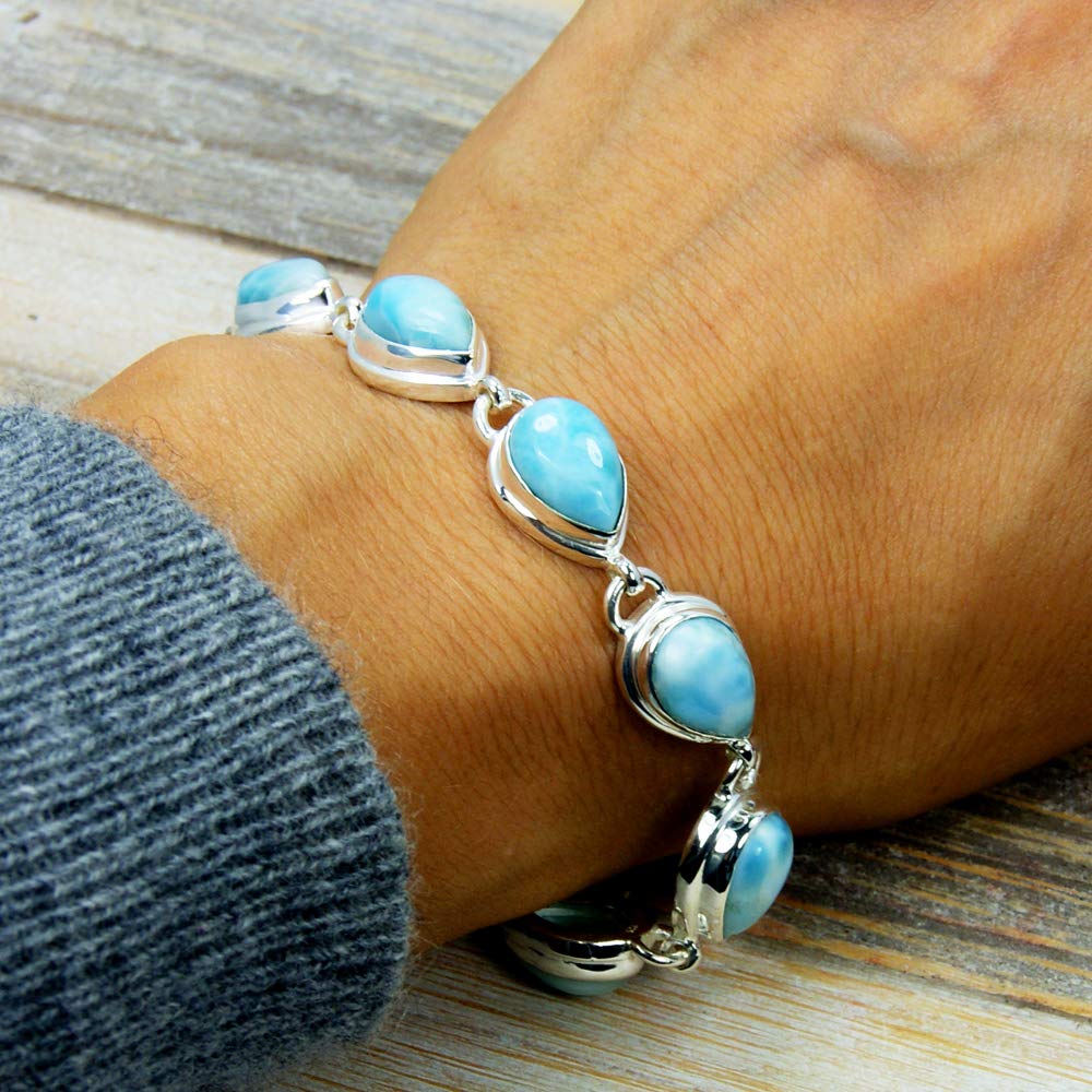 Larimar Bracelet Sterling Silver & Genuine Dominican Larimar Bracelet, Adjustable From 7"-7.75"