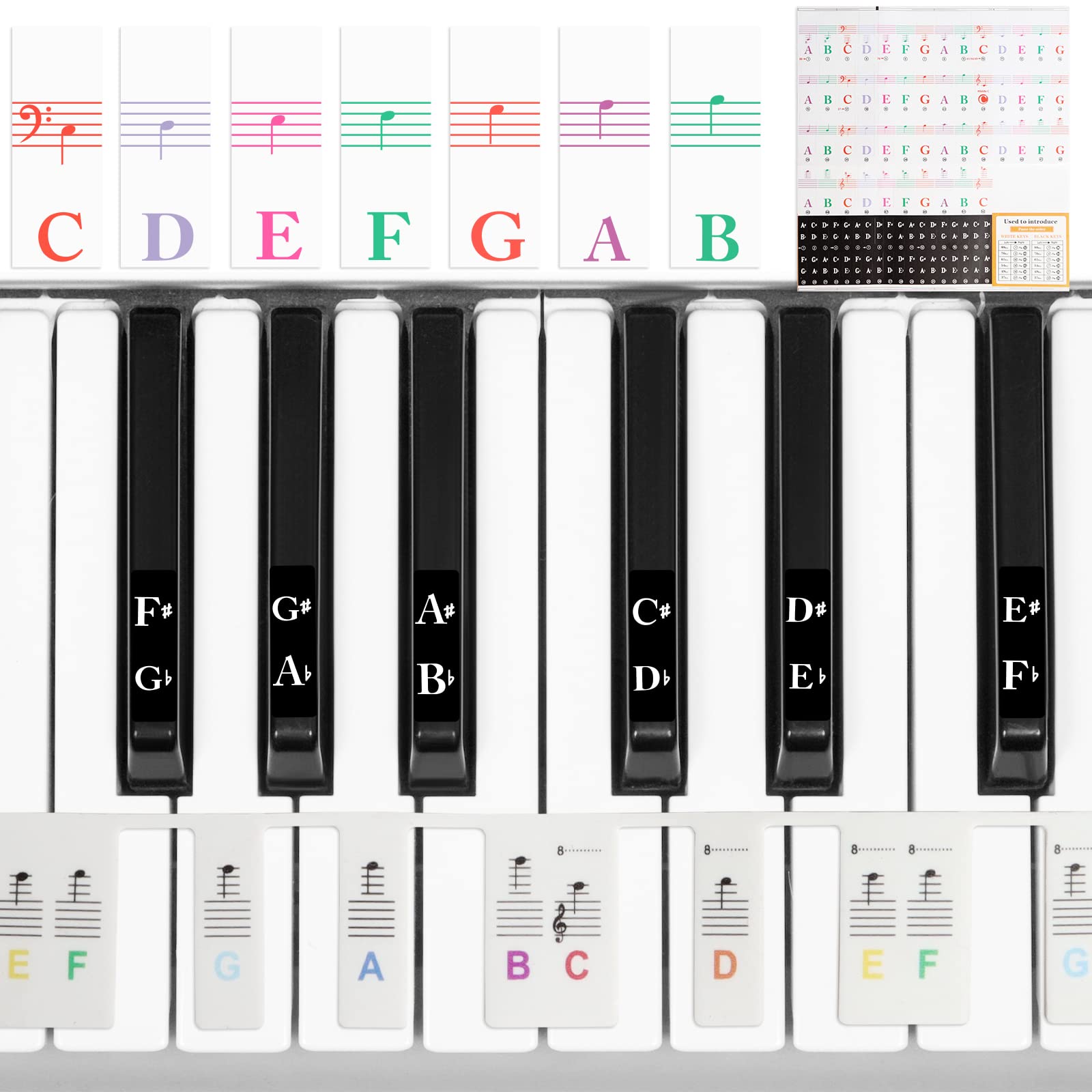 Removable Piano Keyboard Notes Lables for Beginner, Piano Keyboard Stickers for 61/88/54/49/37 Key, Made of Silicone, No Need Stickers, Reusable and Comes with Box (Rainbow Colors）