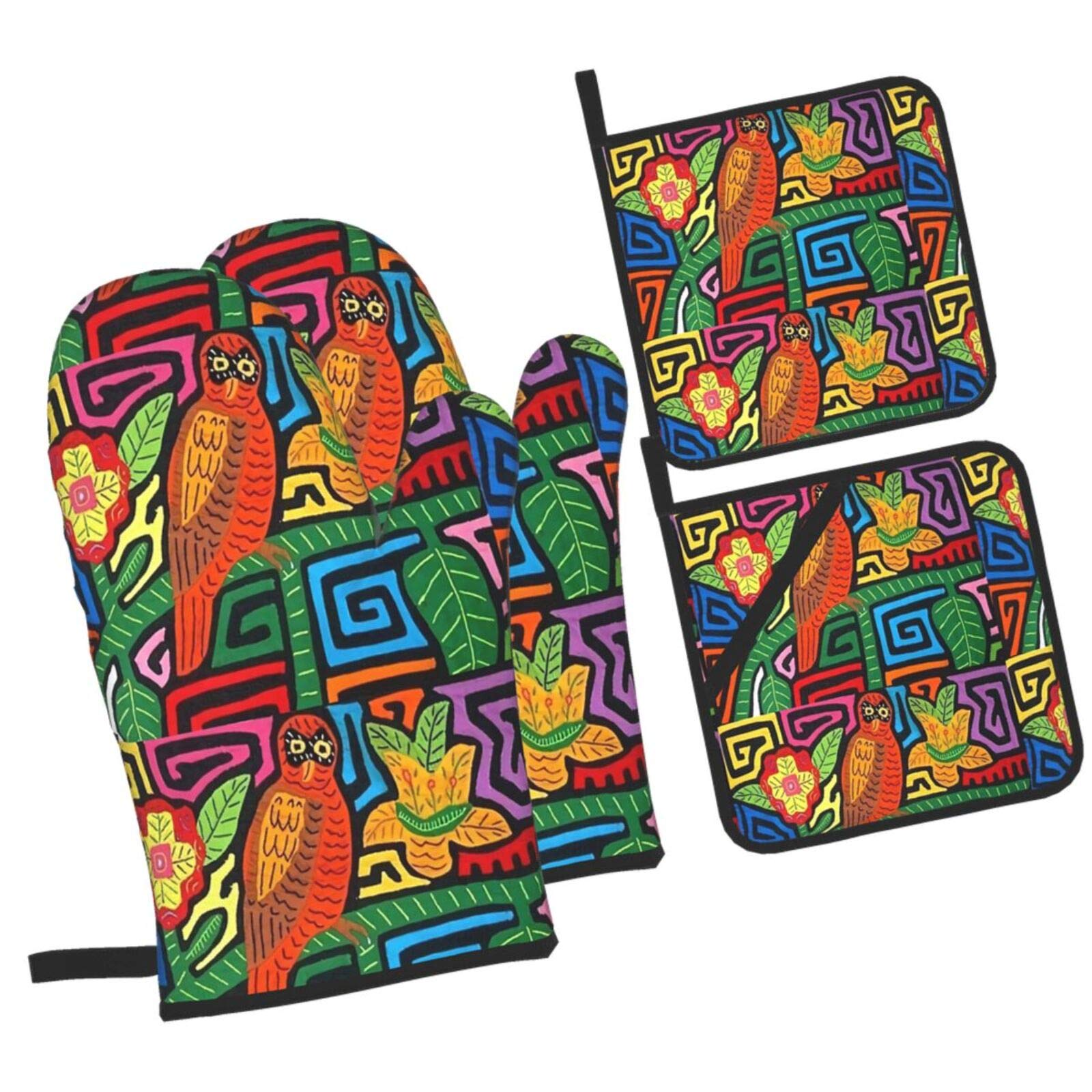 Mola De Panama Oven Mitts and Pot Holders Sets for Kitchen - Heat Resistant BBQ Oven Gloves - Polyester Printing Non-Slip Surface Set of 4