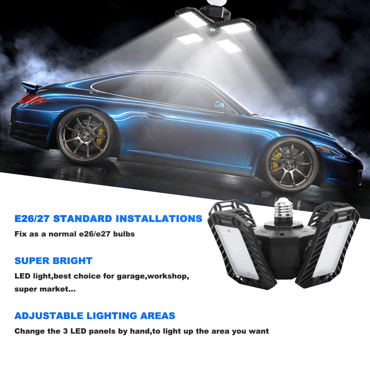 LED Garage Lights, 120W 12000 Lumens Deformable LED Garage Ceiling Lights with 4 Adjustable Panels, E26 Medium Base 6500K Daylight LED Light Bulb, LED Shop Lights for Garage, Basement, Barn, Warehouse