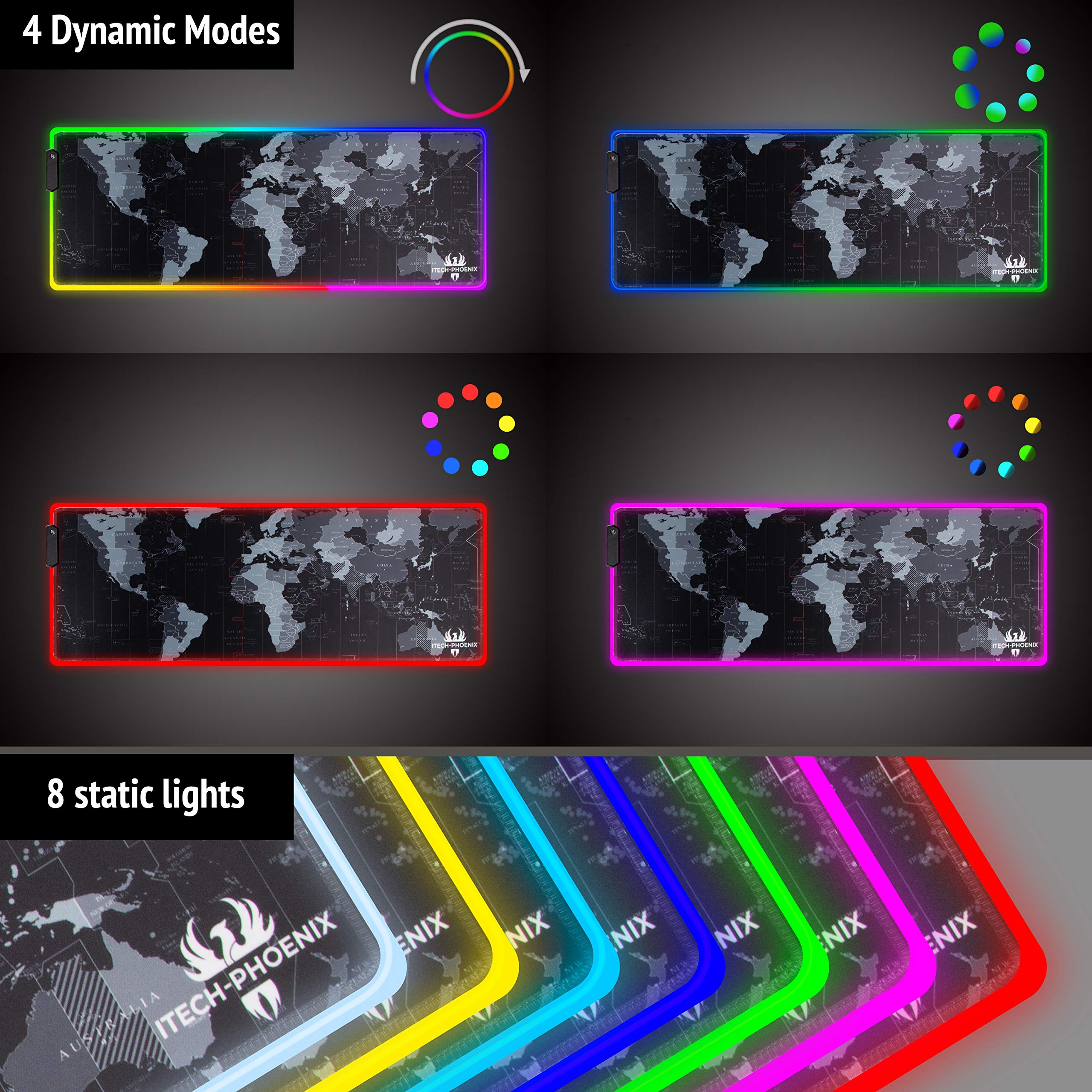 LED World Map Gaming Mouse Pad|Extended RGB Gaming Mouse Mat|LED Animated Mouse Pad w/Waterproof Surface-Anti-Slip Base-10 Colors& 4 Modes-31.5x11.8X 0.16(World Map)