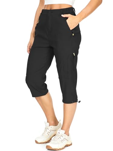 linlon Women's Quick Dry Cargo Shorts,Outdoor Casual Straight Leg Capri Long Shorts for Hiking Camping Travel (Black, 12)