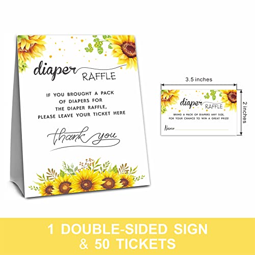 Sunflower Baby Shower Game Cards, 50 Diaper Raffle Tickets and 1 Self-standing Diaper Raffer Sign-（LBLK-007）