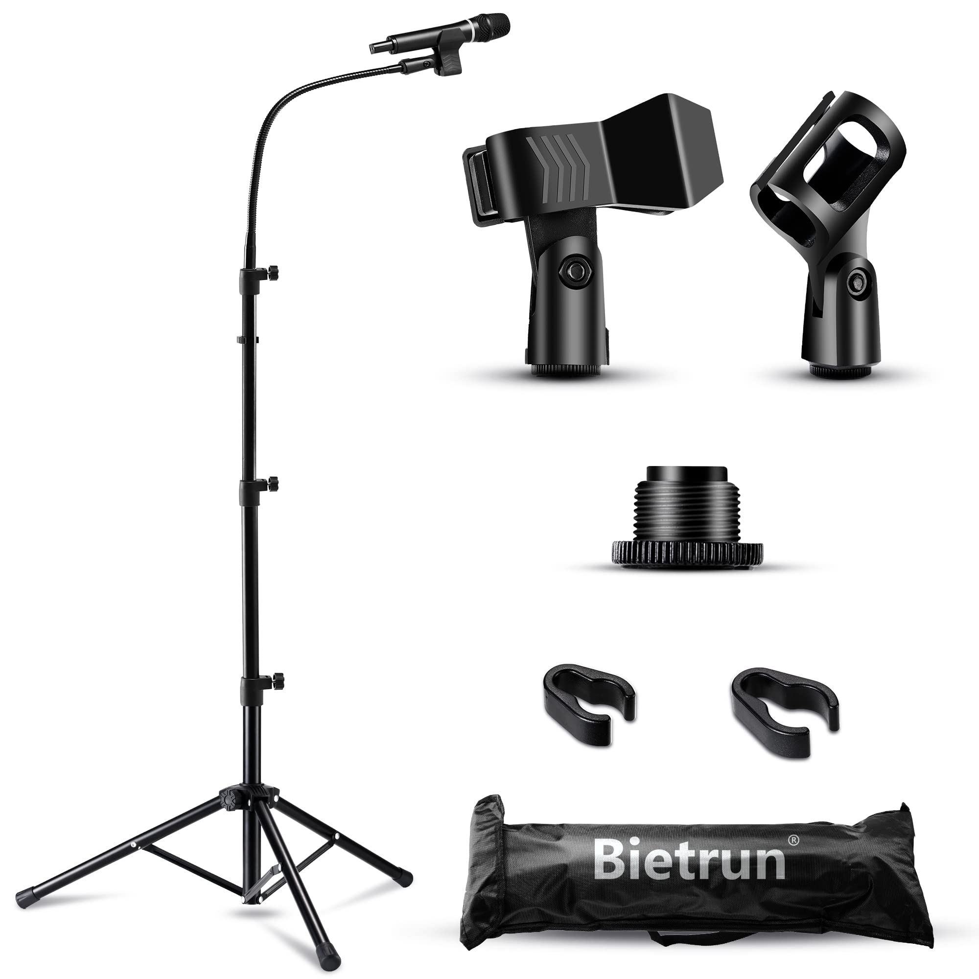 Mic Stand, Bietrun Metal Gooseneck Boom Arm Mic Stand Tripod, Height&360° Adjustable, with Carrying Bag & 2 Mic Clips,Compatible with Wireless Mic&Wired Mics for Singing/Wedding/Church/Stage/Party