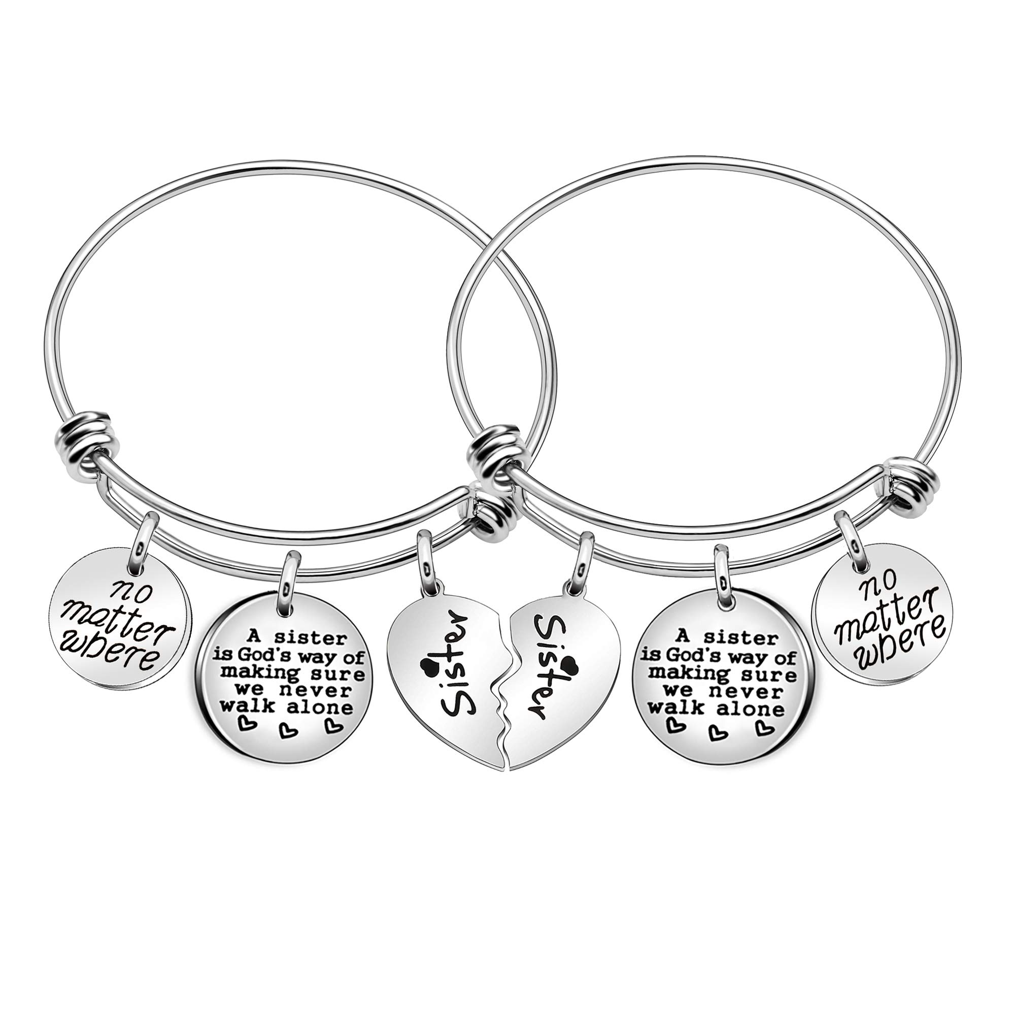 JQFEN No Matter Where Sister Bracelets 2 Pcs Broken Heart Round Charm Bangles for Sister Daughter