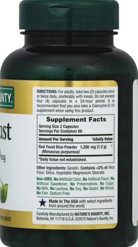 Nature's Bounty Red Yeast Rice Pills and Herbal Health Supplement, Dietary Additive, 600mg, 120 Capsules