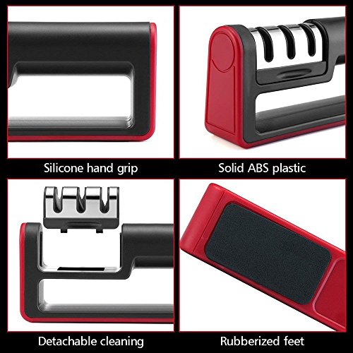 LOAUSMB Sharpener Three-Stage Stone Tool Kitchen Sharpening Fast Sharp-Edged Kitchen，Dining & Bar (Black and red)