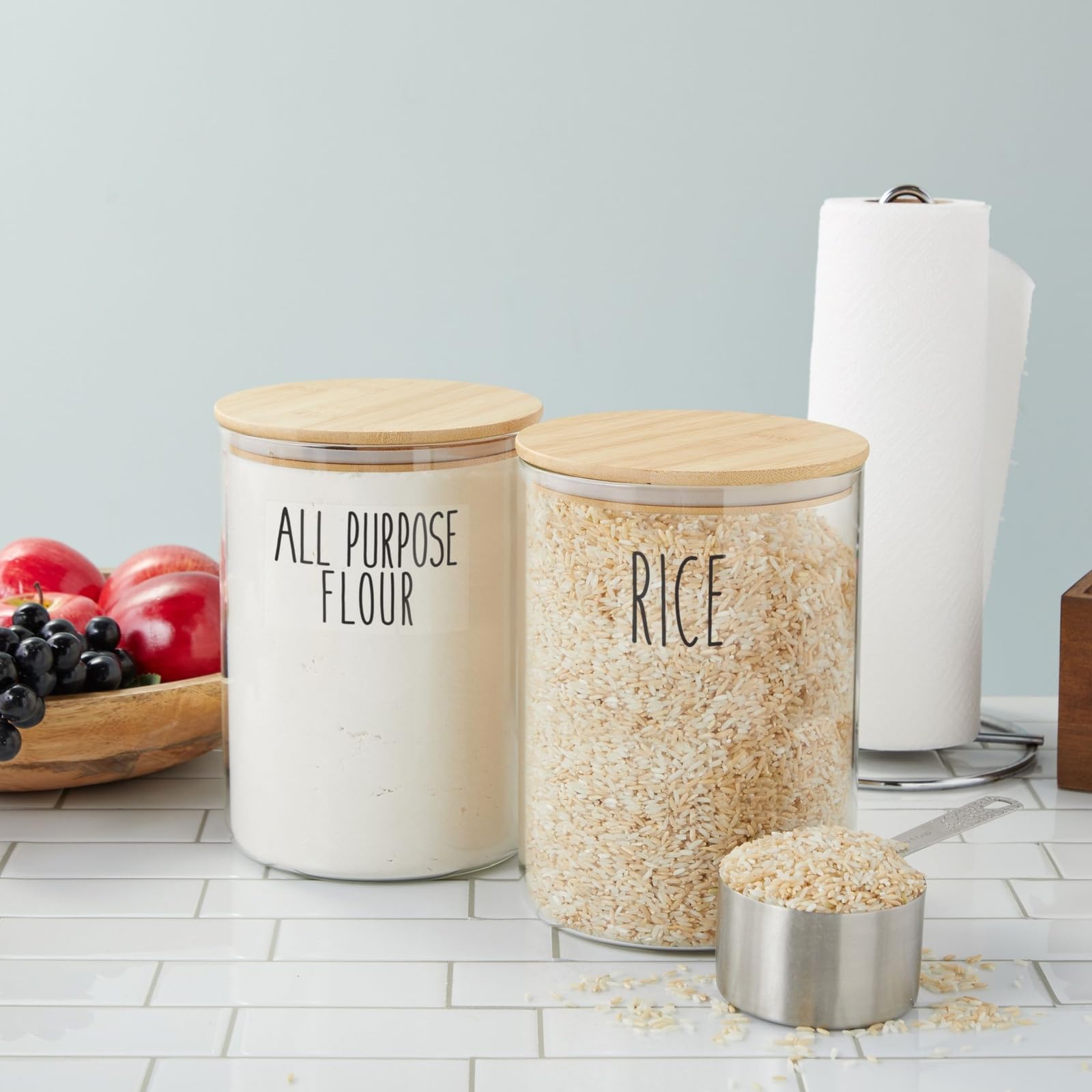 Juvale 2 Pack Large Bamboo Glass Storage Containers with Lids, 100 Oz Glass Jars, Pantry Storage Containers