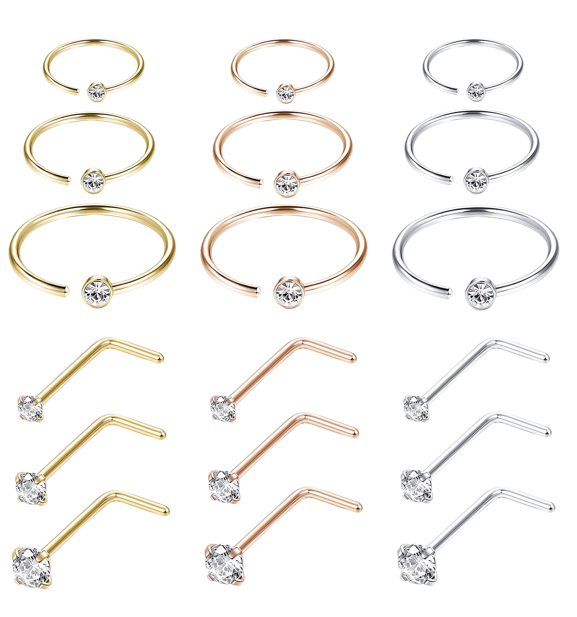 Jstyle 18Pcs Nose Rings Hoop Stainless Steel 20G L Shaped CZ Nose Studs Piercing Ring Hoop Body Jewelry Set