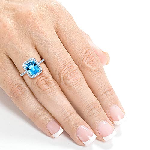 Kobelli Emerald Cut Swiss Blue Topaz and Diamond Halo Ring 3ct CTW 14k White Gold, 9.5