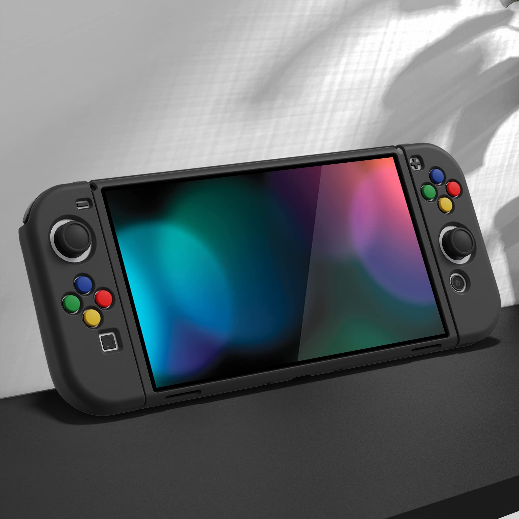 PlayVital ZealProtect Soft Protective Case for Nintendo Switch OLED, Flexible Protector Joycon Grip Cover for Nintendo Switch OLED with Thumb Grip Caps & ABXY Direction Button Caps - Black