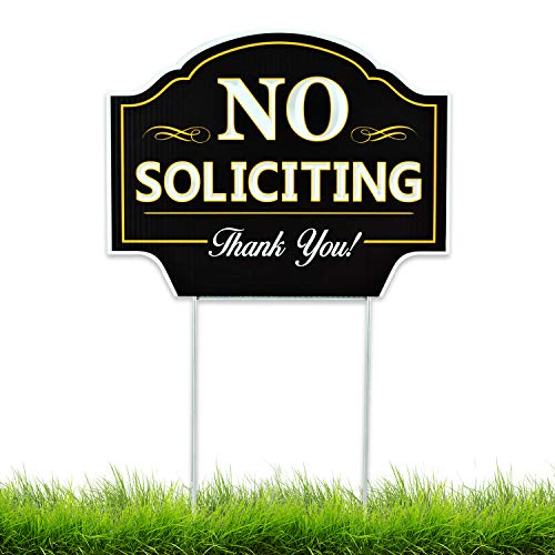 Signs Authority No Soliciting Sign for House - 11.5"x9" Durable Coroplast with Metal H-Stake - No Solicitors Sign for Front Door - Non-Reflective No Soliciting Yard Sign Deter Door Knockers