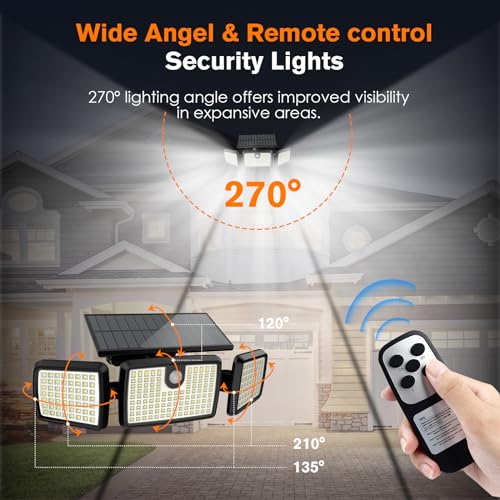 Solar Lights Outdoor, 3 Head Solar Motion Lights Outdoor with 2500LM 232 LEDs High Brightness, Built-in Bigger Tempered Glass Solar Panel, Sensitive PIR Motion Inductor