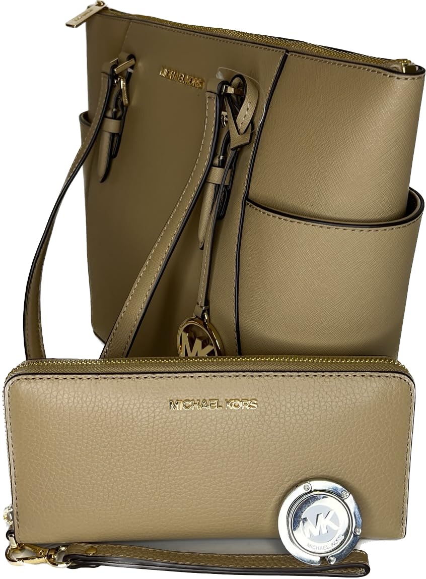 Michael Kors Charlotte Large Zip Tote bundled with matching Continental Wristlet and Purse Hook (Sig MK Mulberry)