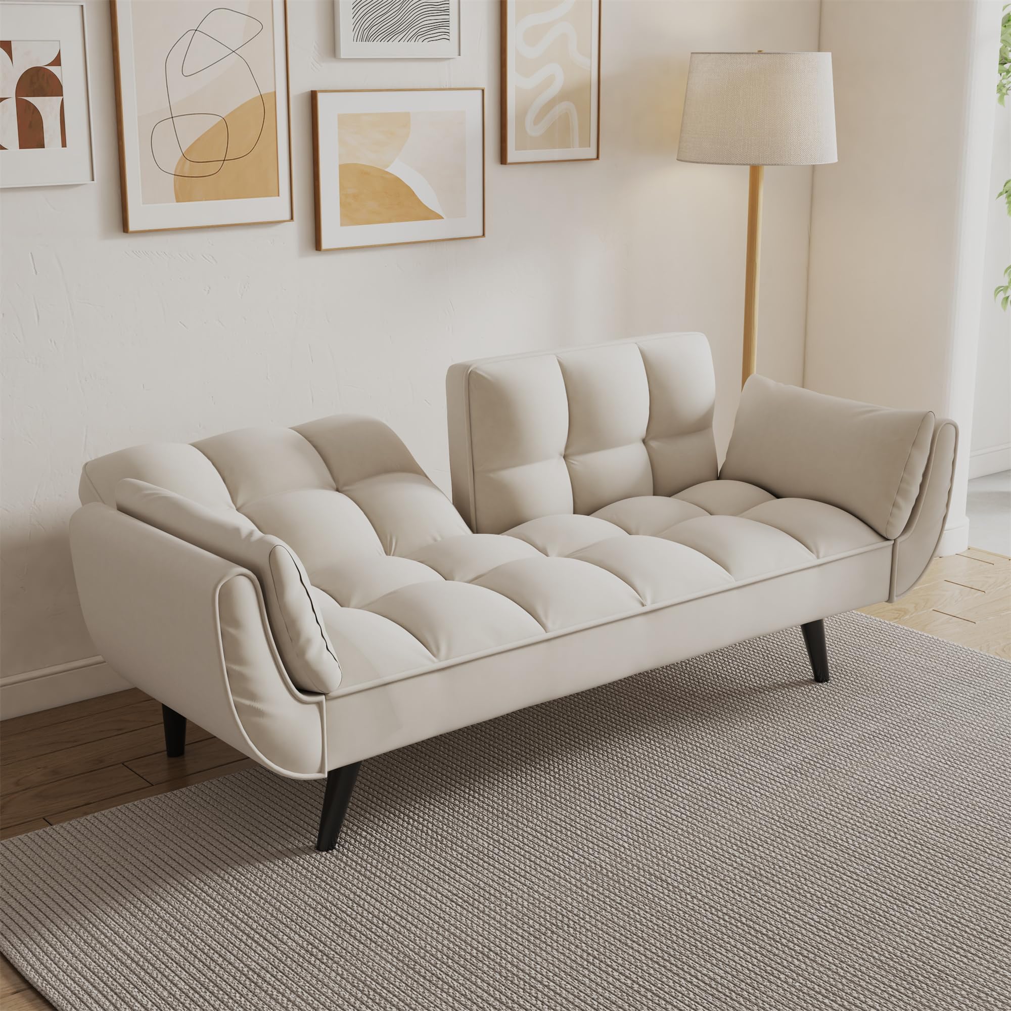 Sunkea 57'' Futon Sofa Couch Bed, Comfy Velvet Upholstered Loveseat, Convertible Sleeper Sofa Cama with Adjustable Backrest, with 2 Armrests Throw Pillow, Couches for Living Room, Beige