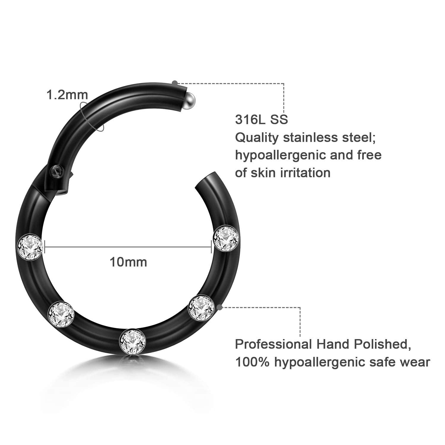 LAURITAMI 16G Stainless Steel Septum Clicker Piercing Jewelry, 6Pcs Set, Black