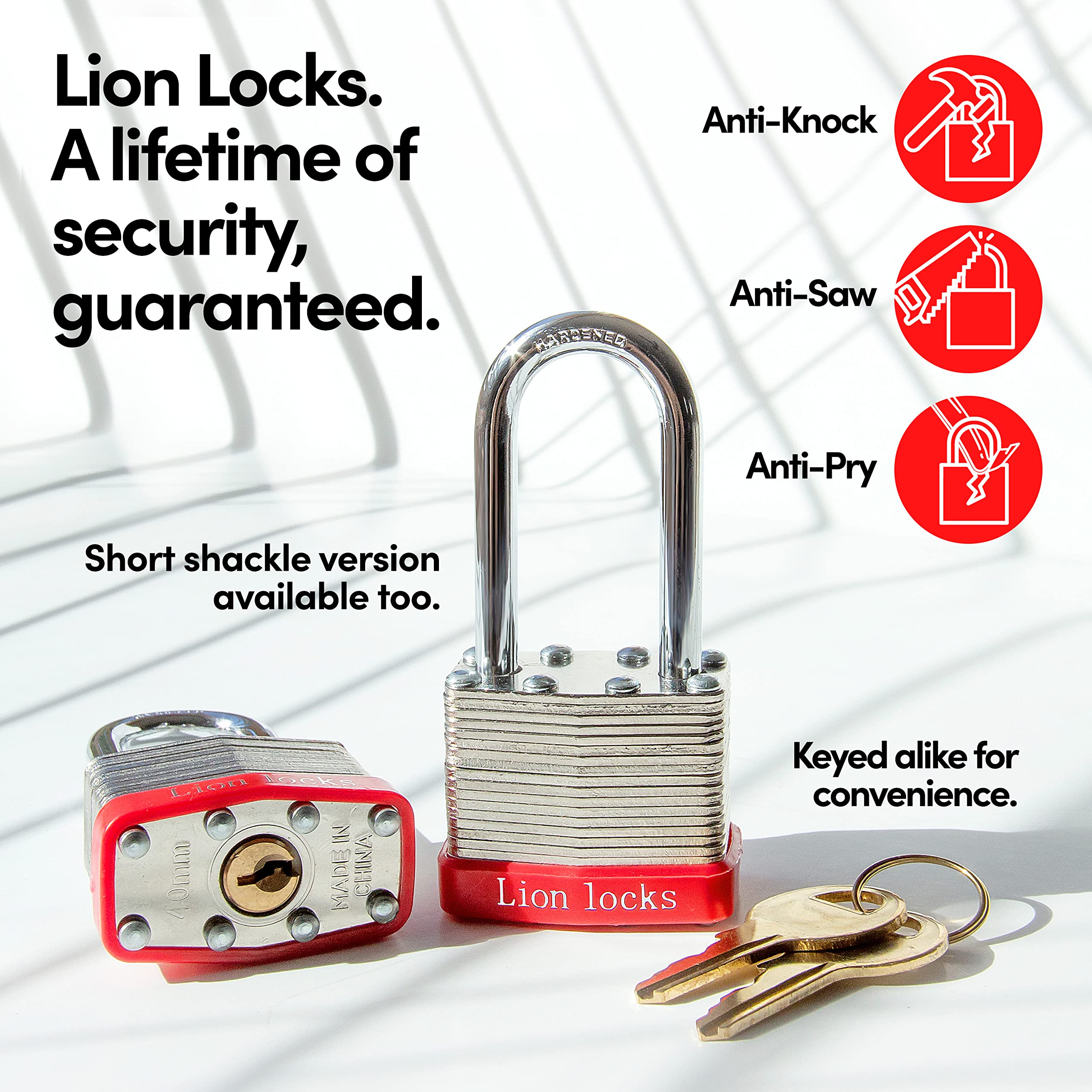 Lion Locks 48 Keyed Alike Padlocks with 2" Long Shackle, 96 Keys - Padlocks for Outdoor Use, Locks with Keys, Hardened Steel Case, Pick Resistant Brass Pin Cylinder for Hasp Latch, Locker, Gate