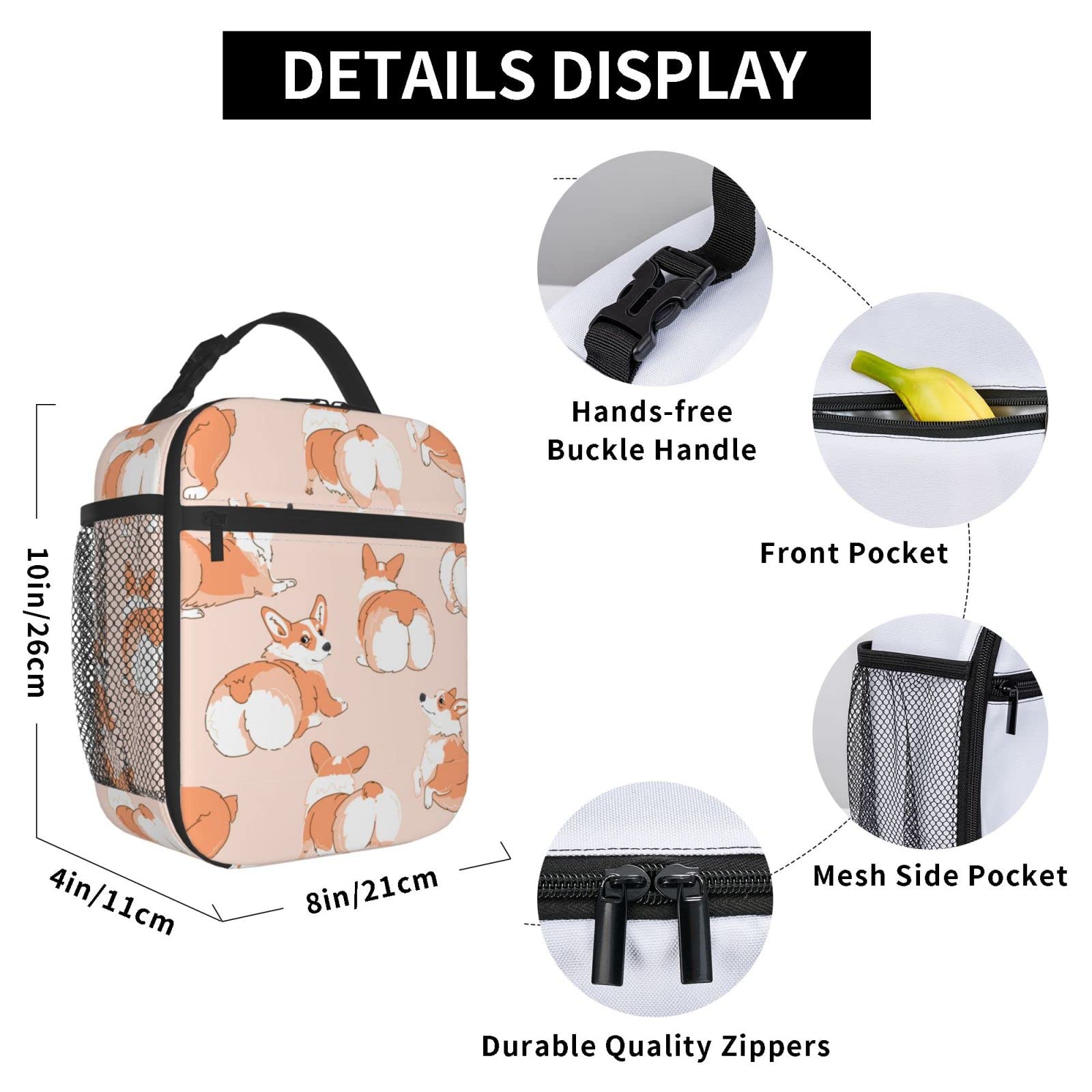 Oplp Cute Corgi Butt Lunch Bag Lunch Box Insulated Meal Bag Food Container for School Work Picnic Travel