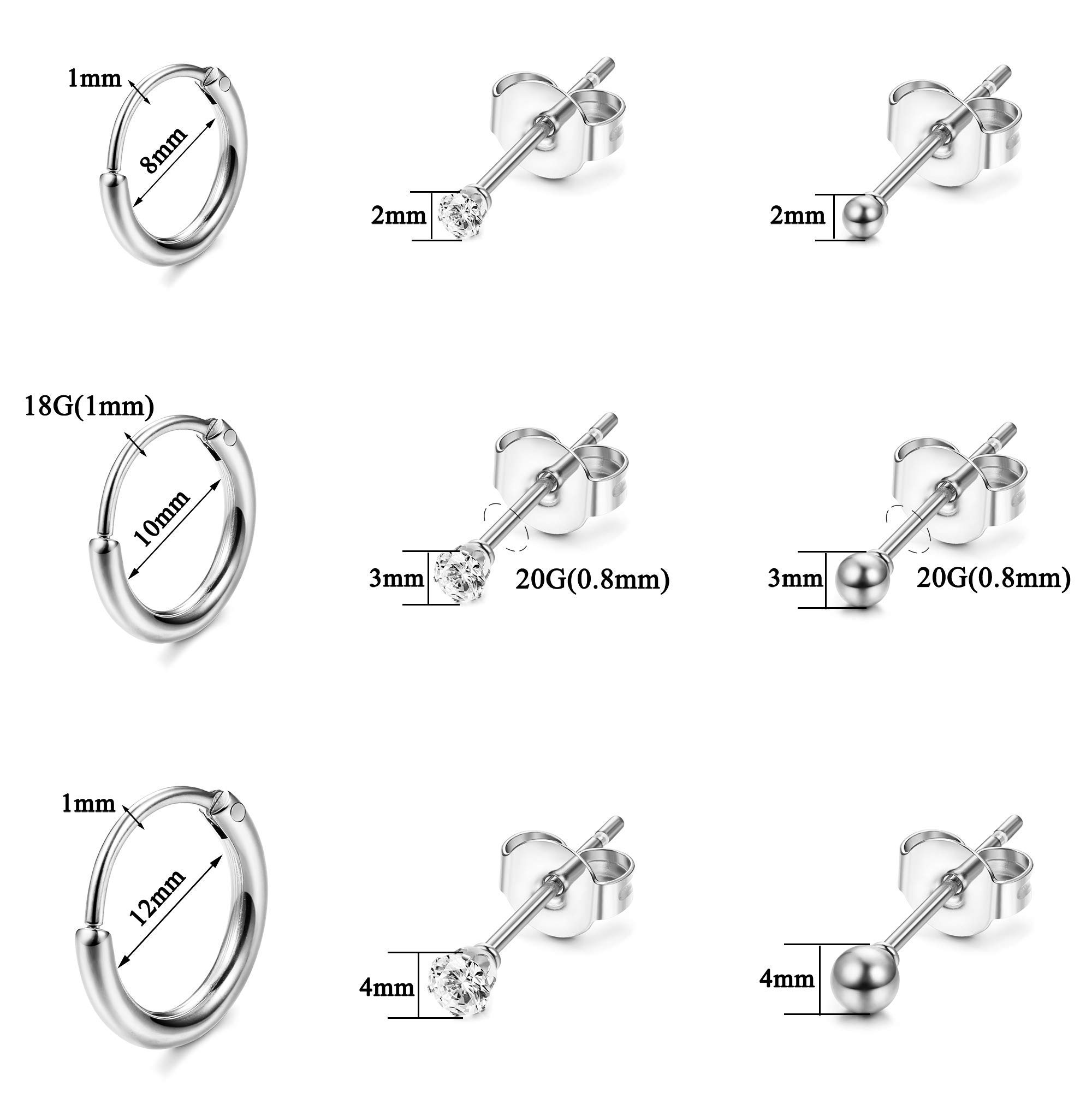 Jstyle 9Pairs Stainless Steel Tiny Stud Earrings for Women Endless Hoop Earrings CZ Ball Earrings Set Gold Tone