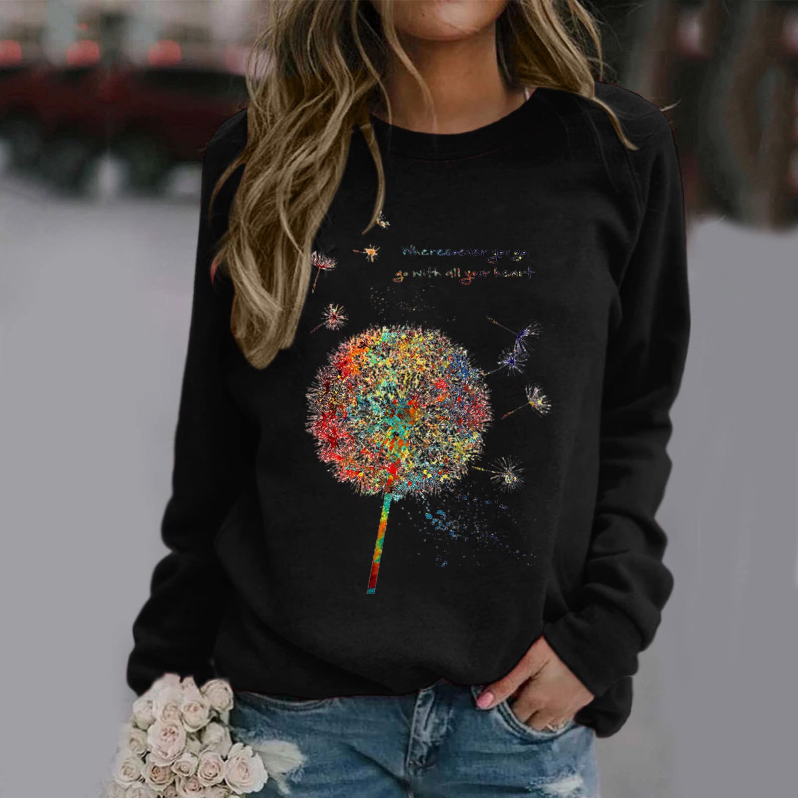 Tops For Women Work Casual Cute Elk Pattern Blouse Large Size Slouchy Sweatshirt Drop Shoulder Pullover Baseball T-Shirt Black