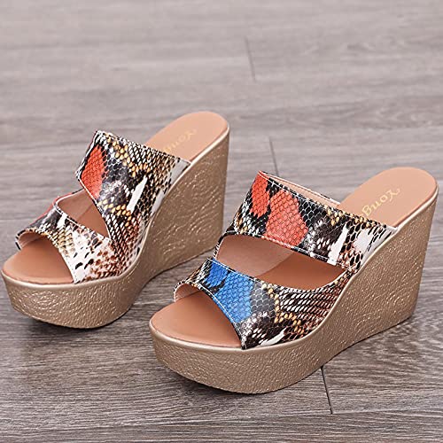 Snake Print Espadrilles Sandals for Women, Platform Wedges Sandals Platform Casual Summer Heels Open Toe Sandals (Brown, 37)