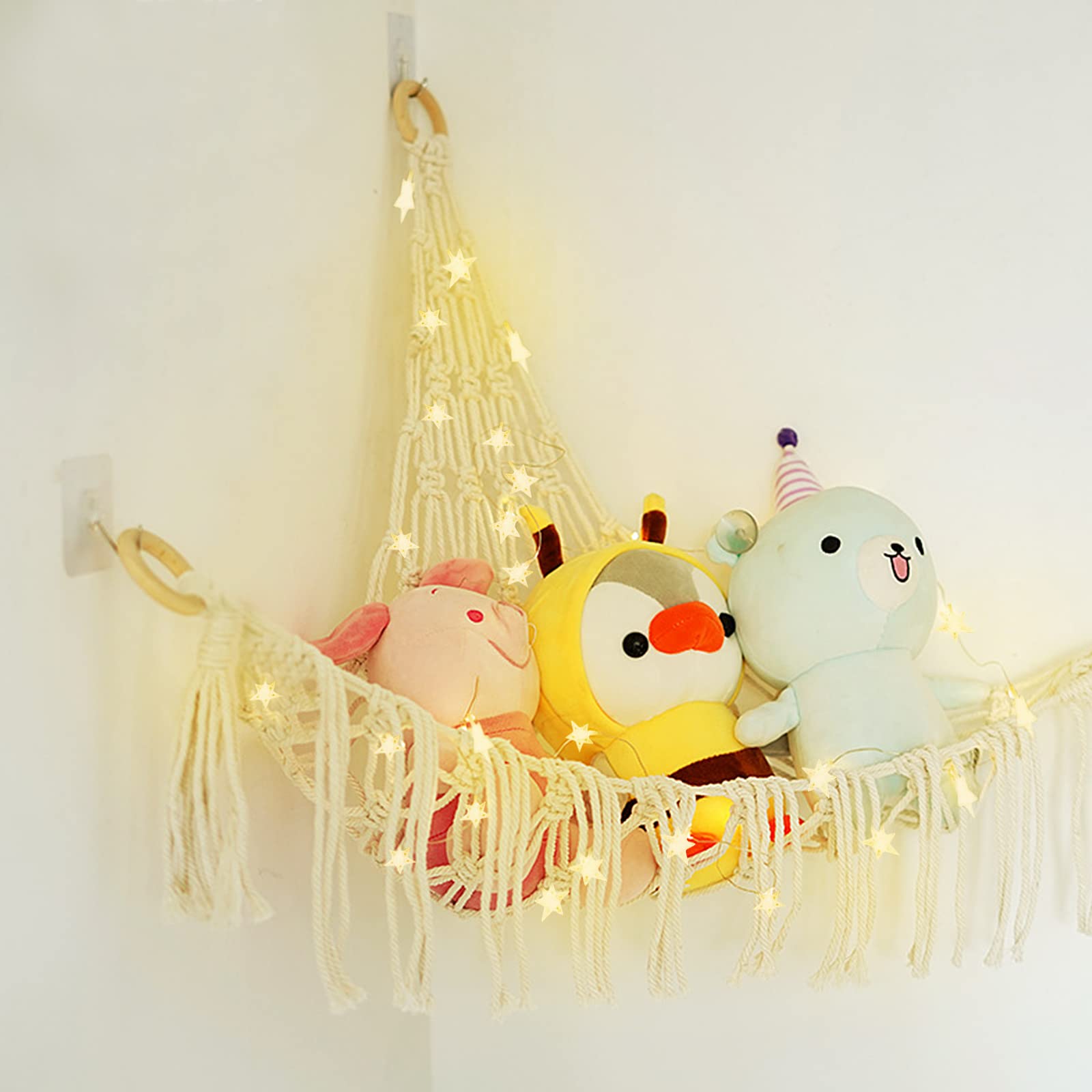 Stuffed Animal Net or Hammock With Led Light,Boho Decor Toy Hammock for Stuffed Animals with 6 Pcs Hooksand Macrame,Triangle Hanging ,Hanging Corner Toy Organizer Net for Playroom Bedroom Nursery Crib
