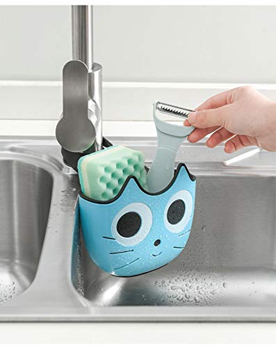 QTMY 2 PACK Cat Sponge Holder Basket with Buckle,Sink Faucet Caddy Hanging Drain Rack, Gadget Soap Brush Desk Pen Organizer for Kitchen Bathroom,Pink Blue