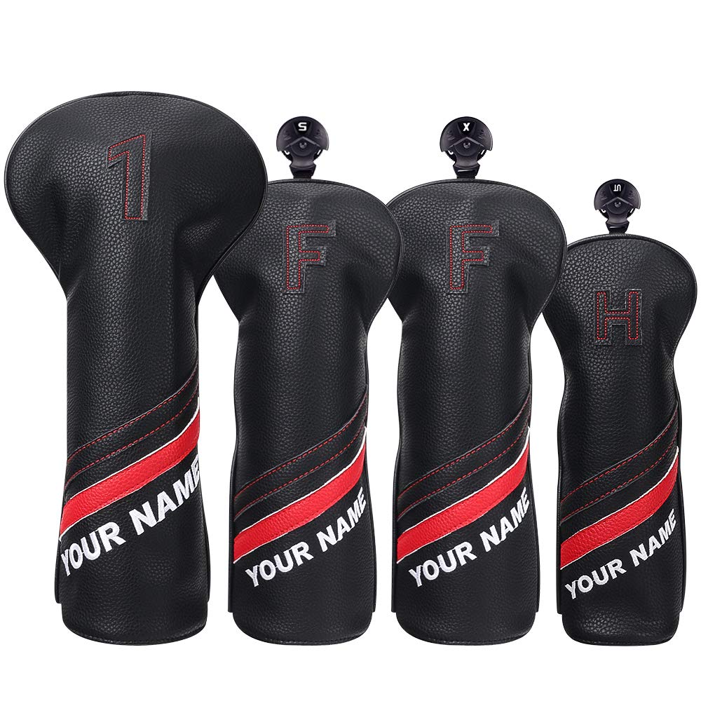 Litchi Pattern Red Stripes Black Golf Headcovers for Driver Fairway Wood and Hybrids Also Customize Golf Driver Wood Hybrid Covers with your Name Stitched (Driver Cover #1)
